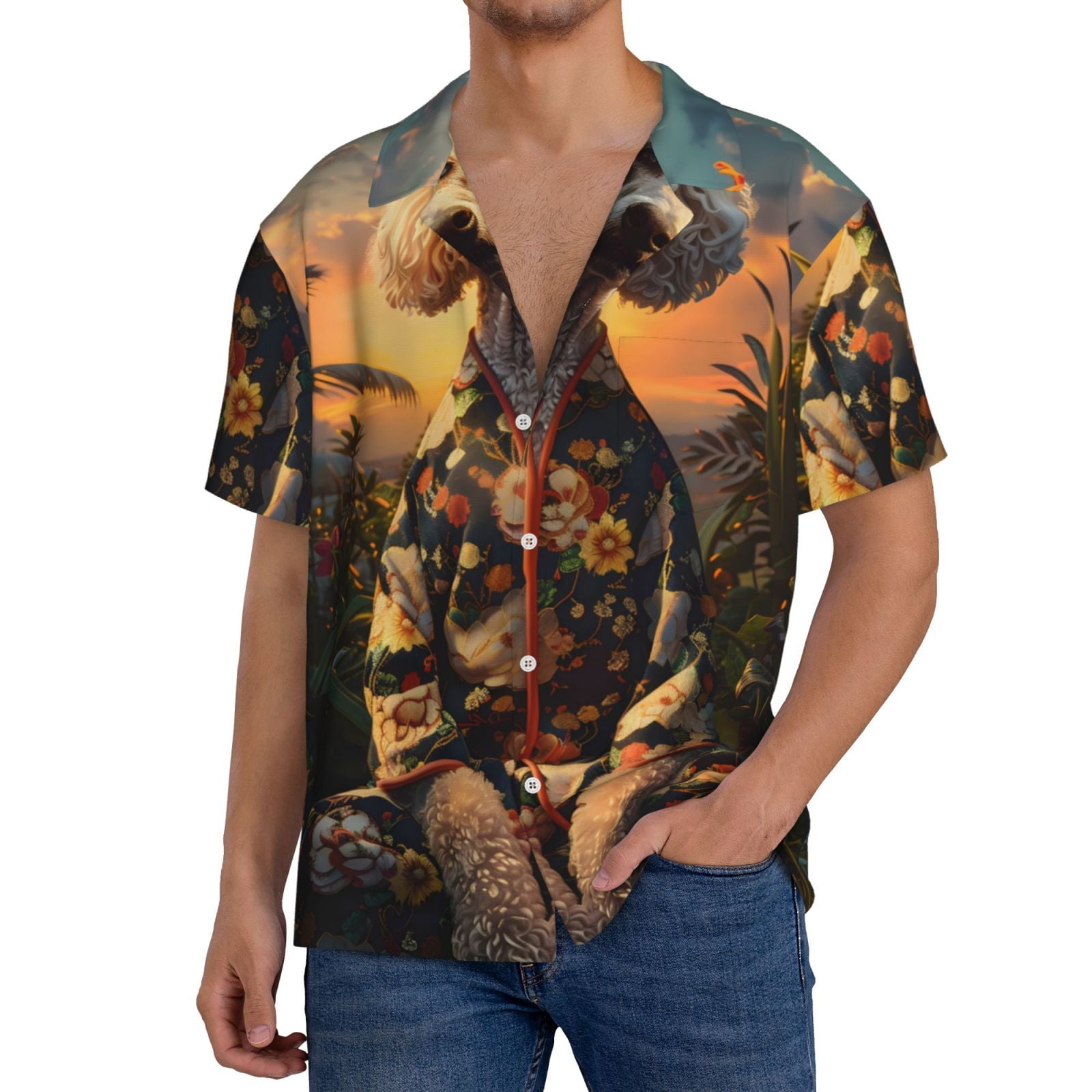 Hirioo Flower Field Poodle for Men's Cuban Collar Short Sleeve Shirt ...
