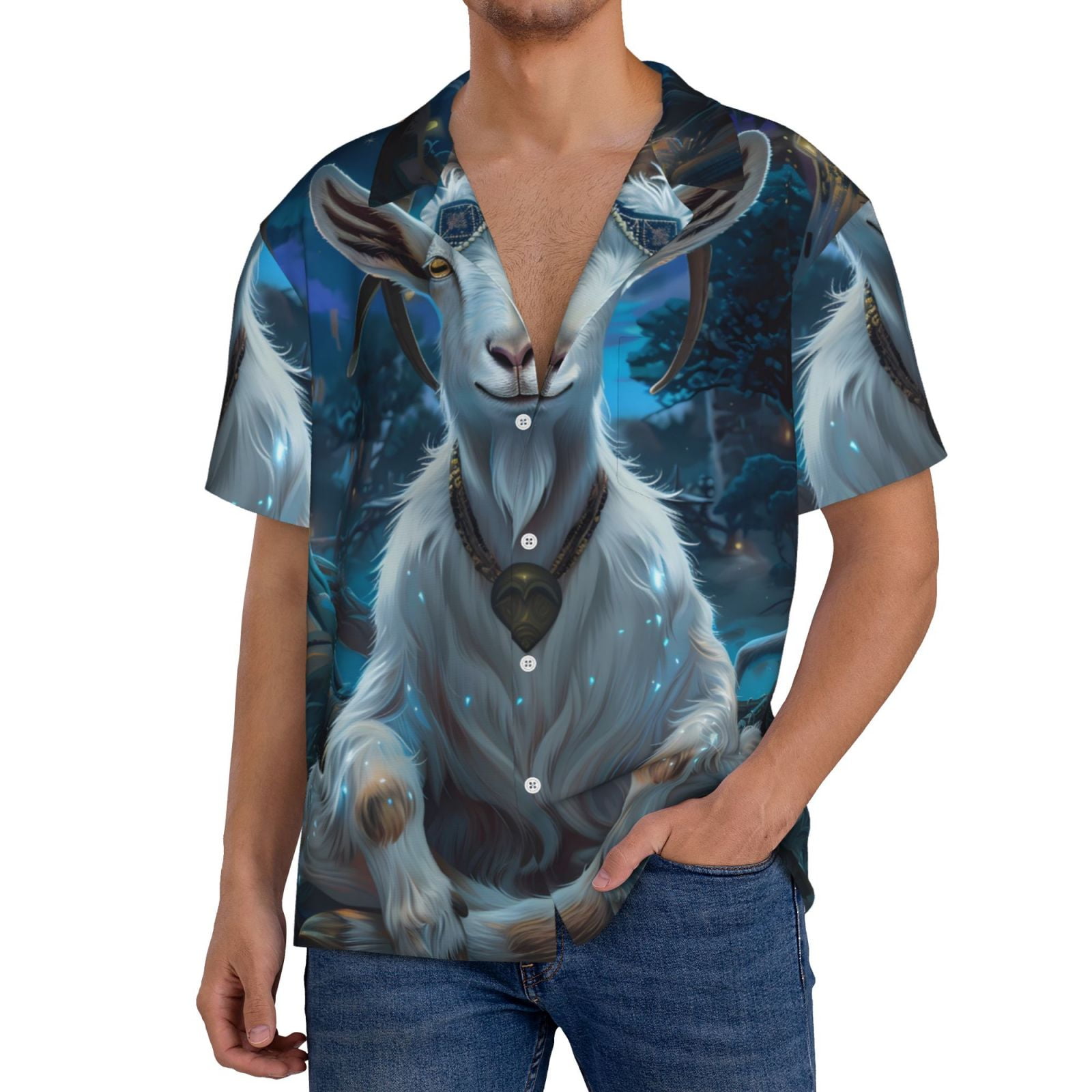 Hirioo Forest Meditating Goat for Men's Cuban Collar Short Sleeve Shirt ...