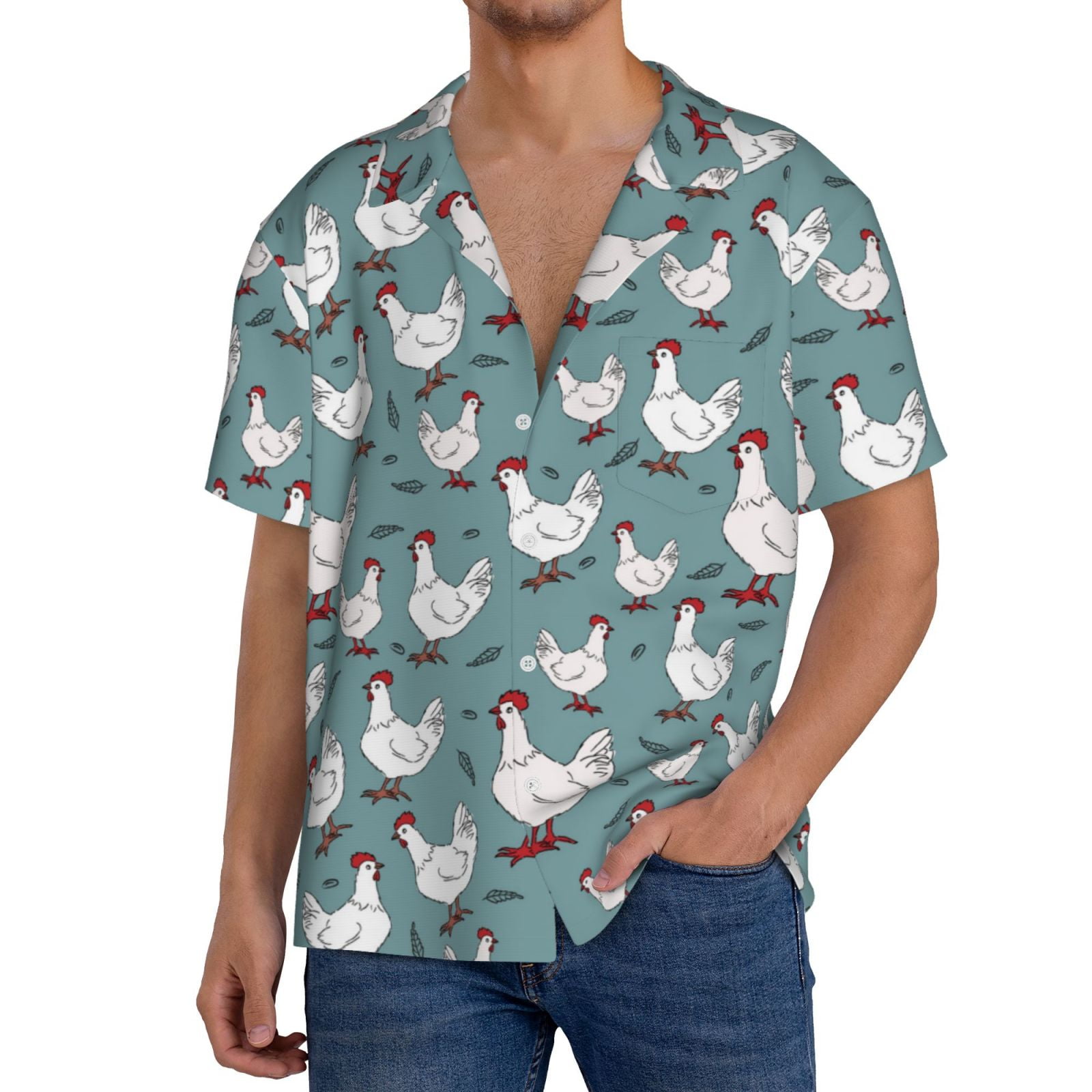 Hirioo Funny Chicken for Men's Cuban Collar Short Sleeve Shirt Button ...