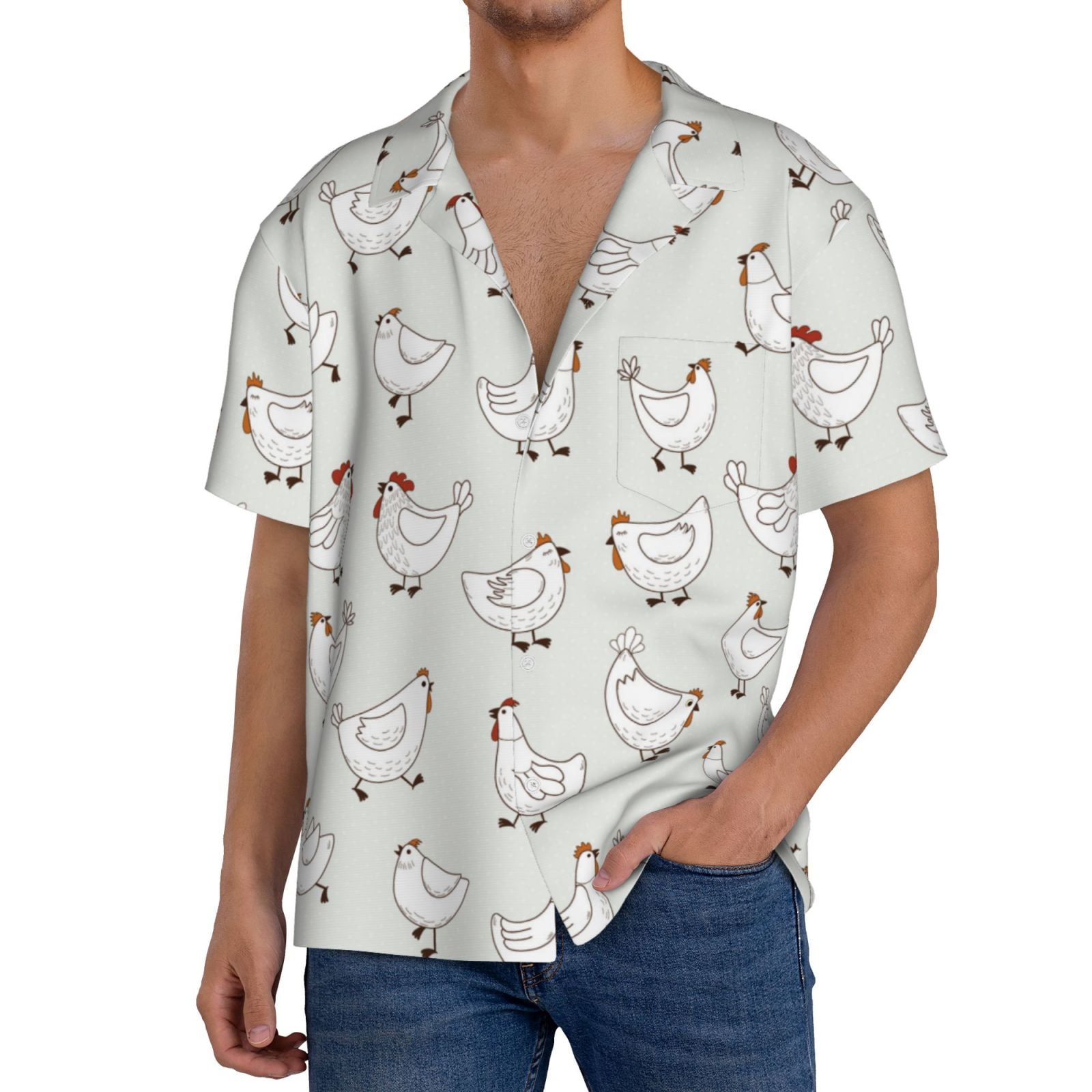 Hirioo Funny Chicken for Men's Cuban Collar Short Sleeve Shirt Button ...