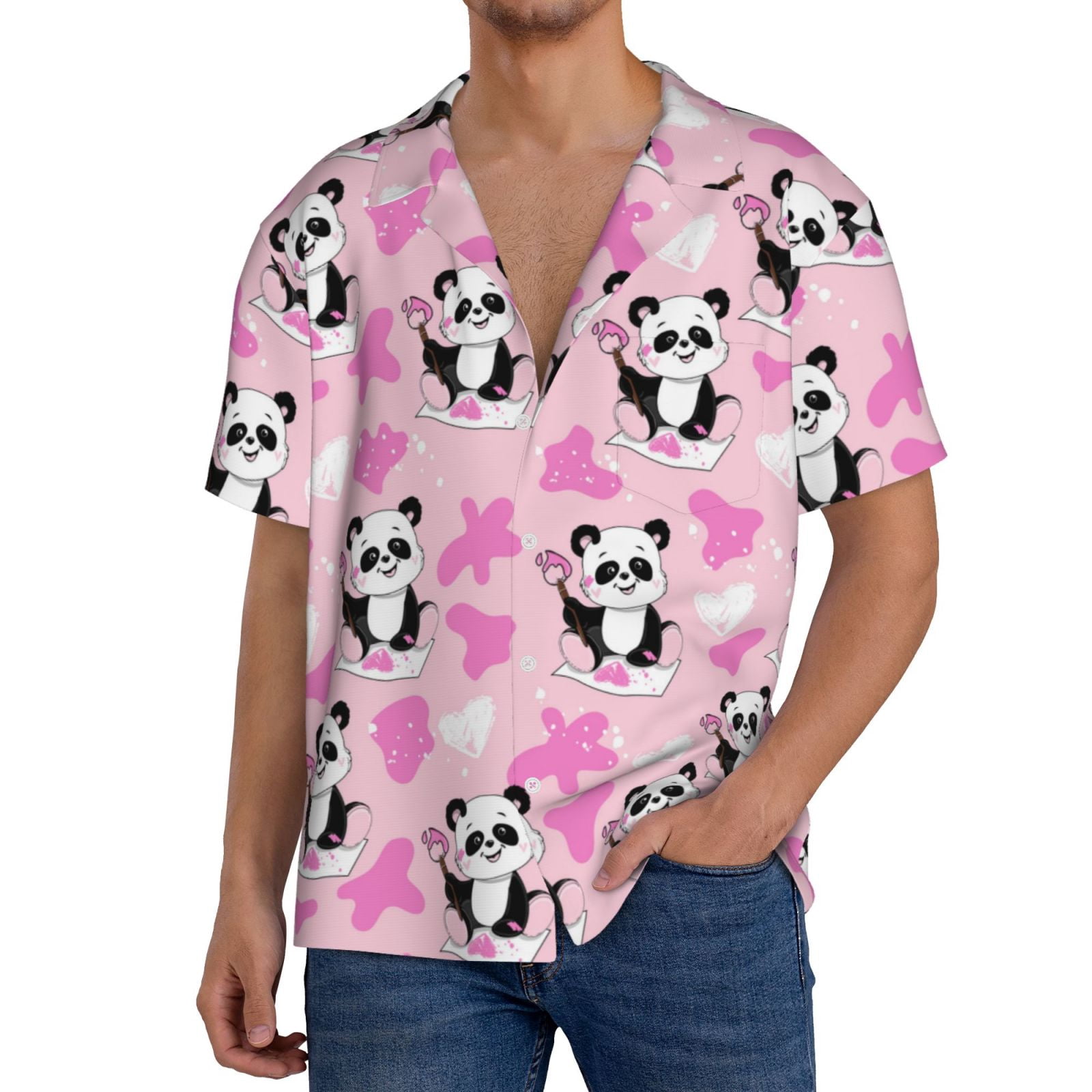Hirioo Funny Panda Draws A Heart for Men's Cuban Collar Short Sleeve ...