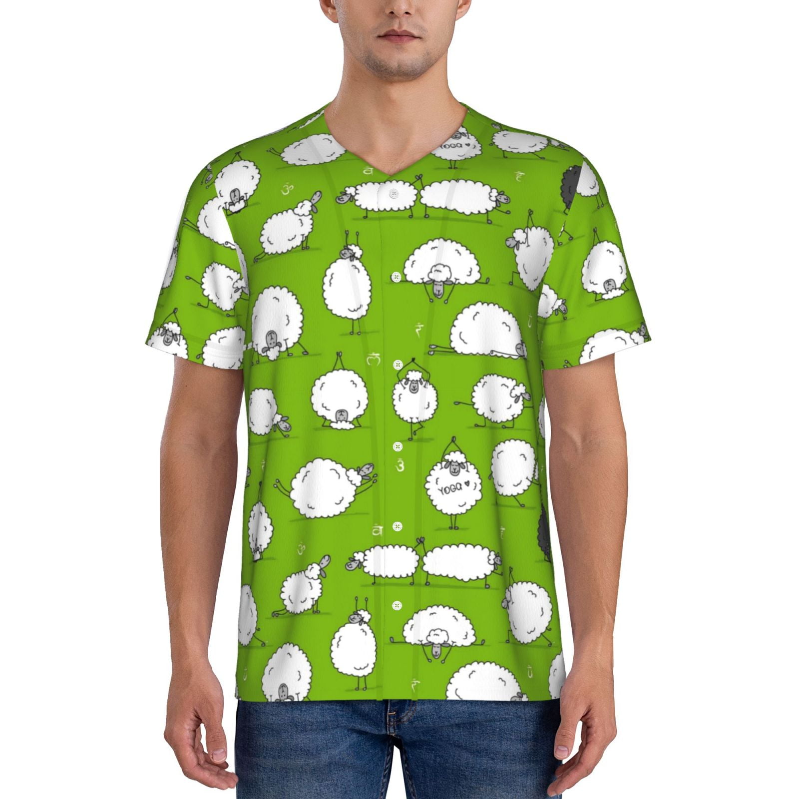 Hirioo Funny Sheep Doing Yoga for Men's Baseball T-shirt Shirts Short ...