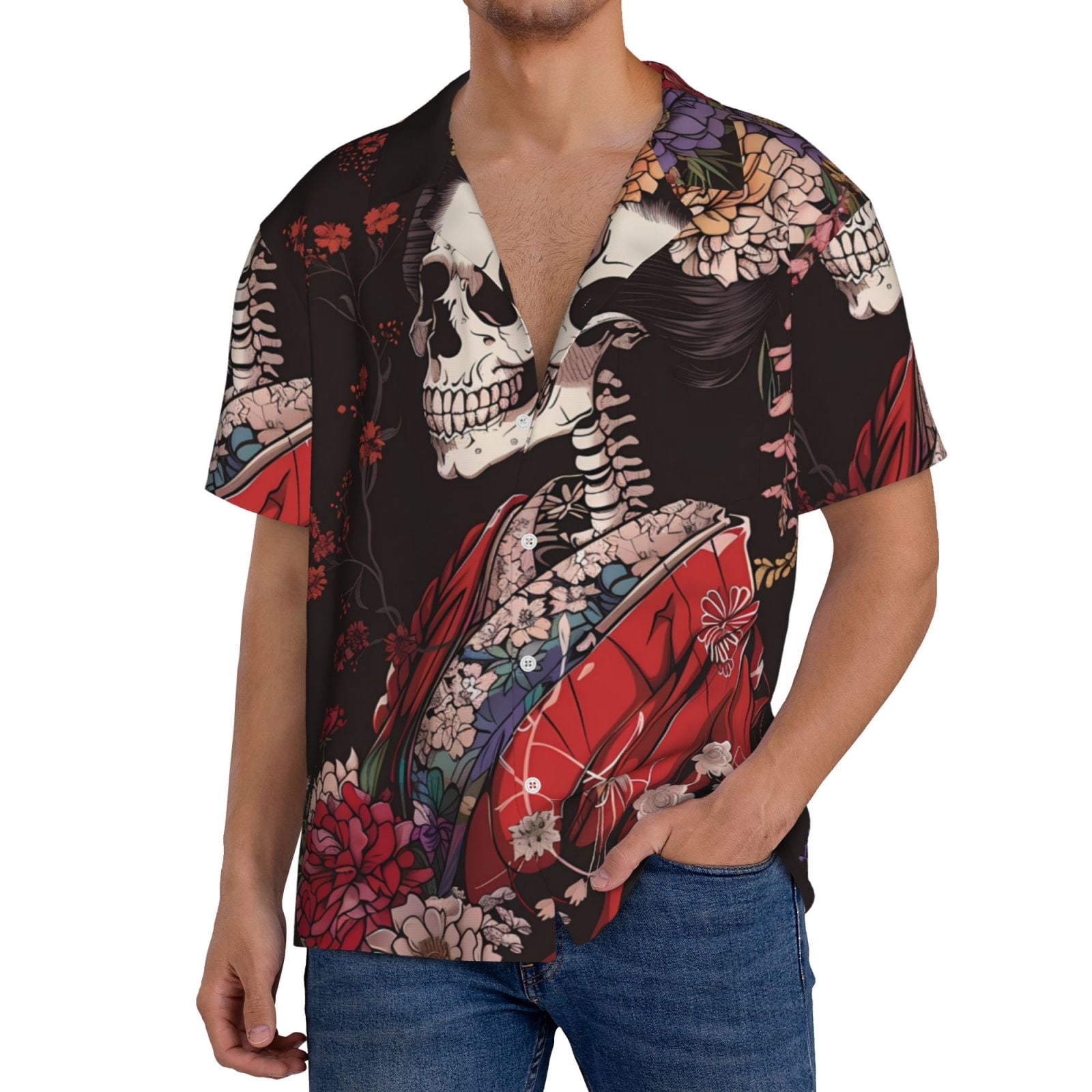 Hirioo Geisha Skeleton With Flowers for Men's Cuban Collar Short Sleeve ...