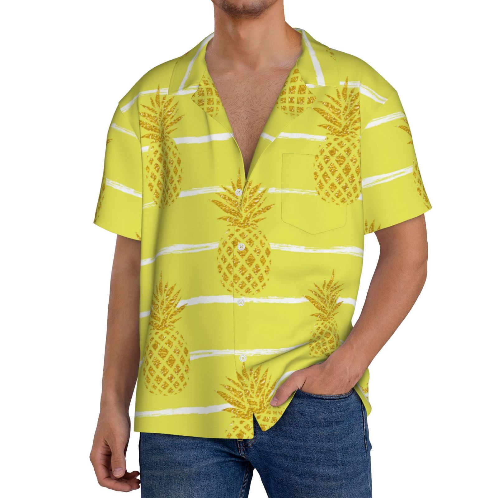 Hirioo Gold Pineapple for Men's Cuban Collar Short Sleeve Shirt Button ...