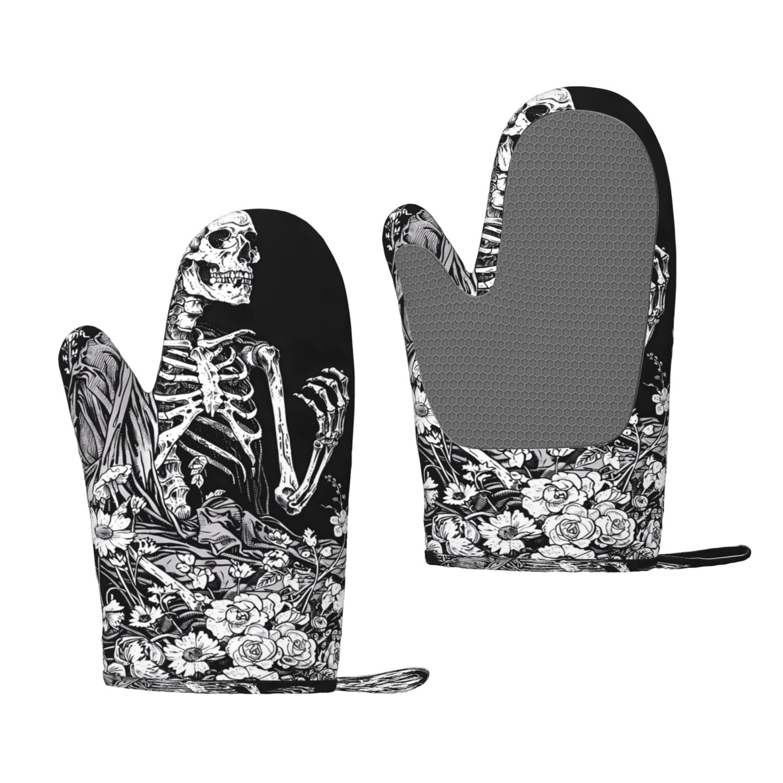 Hirioo Gothic Skull Floral Art for Silicone Oven Mitts for BBQ, Baking ...