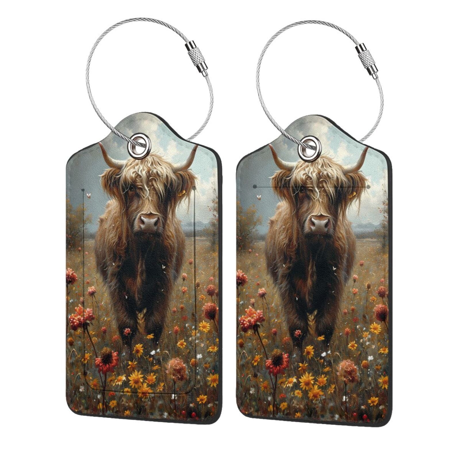 Hirioo Grassland Sunflower Cow Print Leather Luggage Tag with Stainless ...