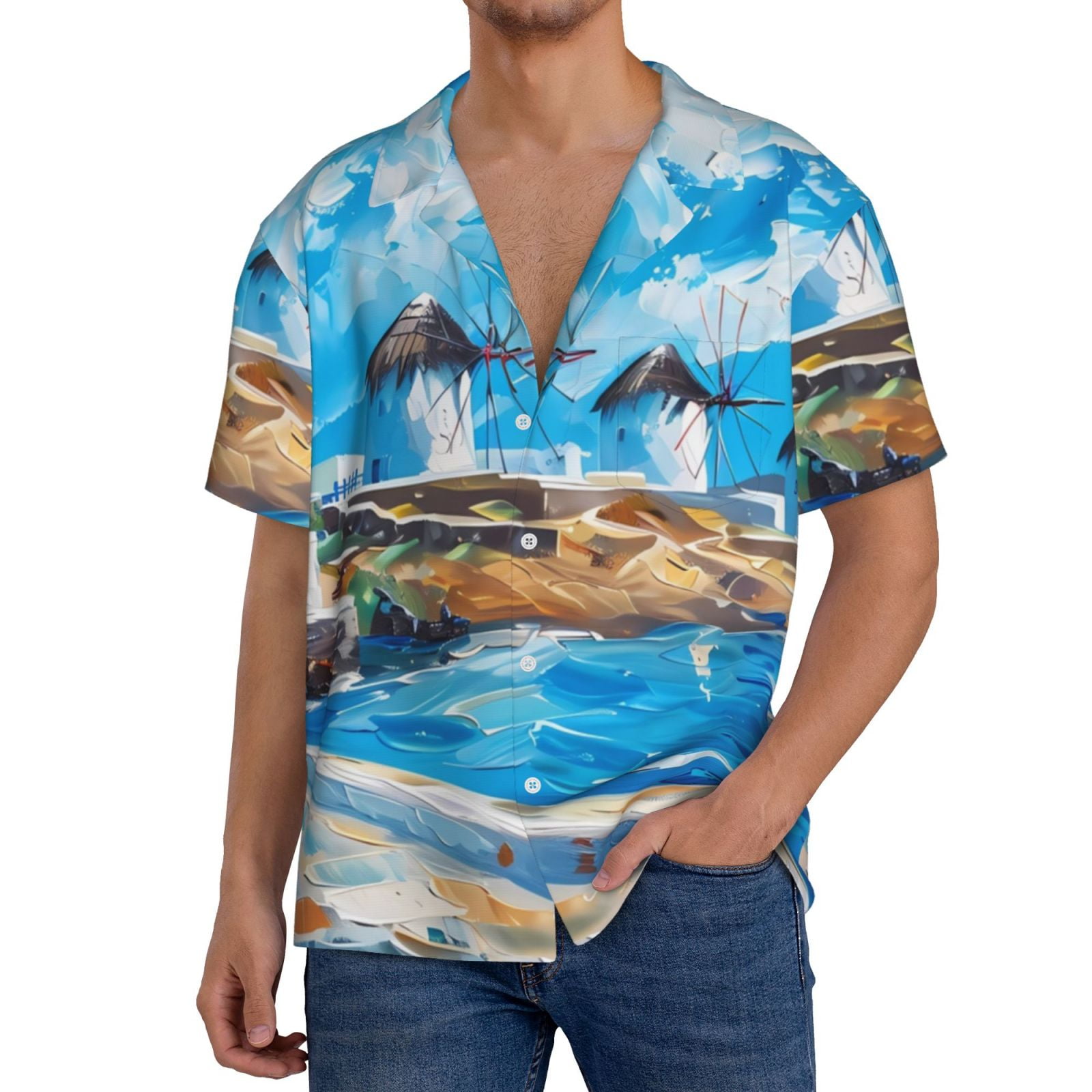 Hirioo Greek Island Windmills Painting for Men's Cuban Collar Short ...