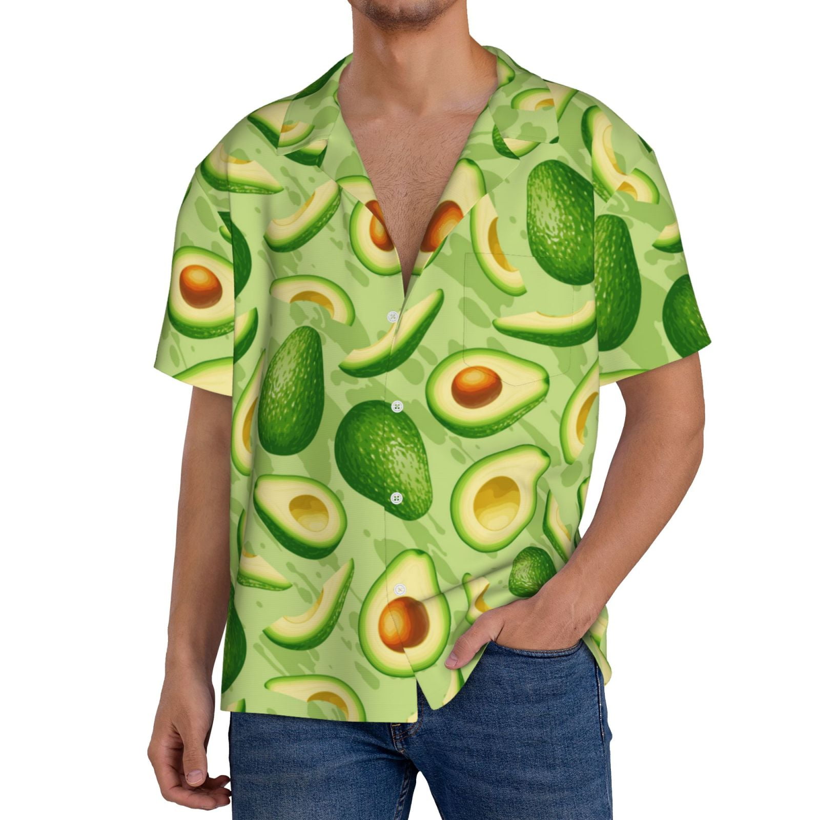 Hirioo Green Avocado for Men's Cuban Collar Short Sleeve Shirt Button ...