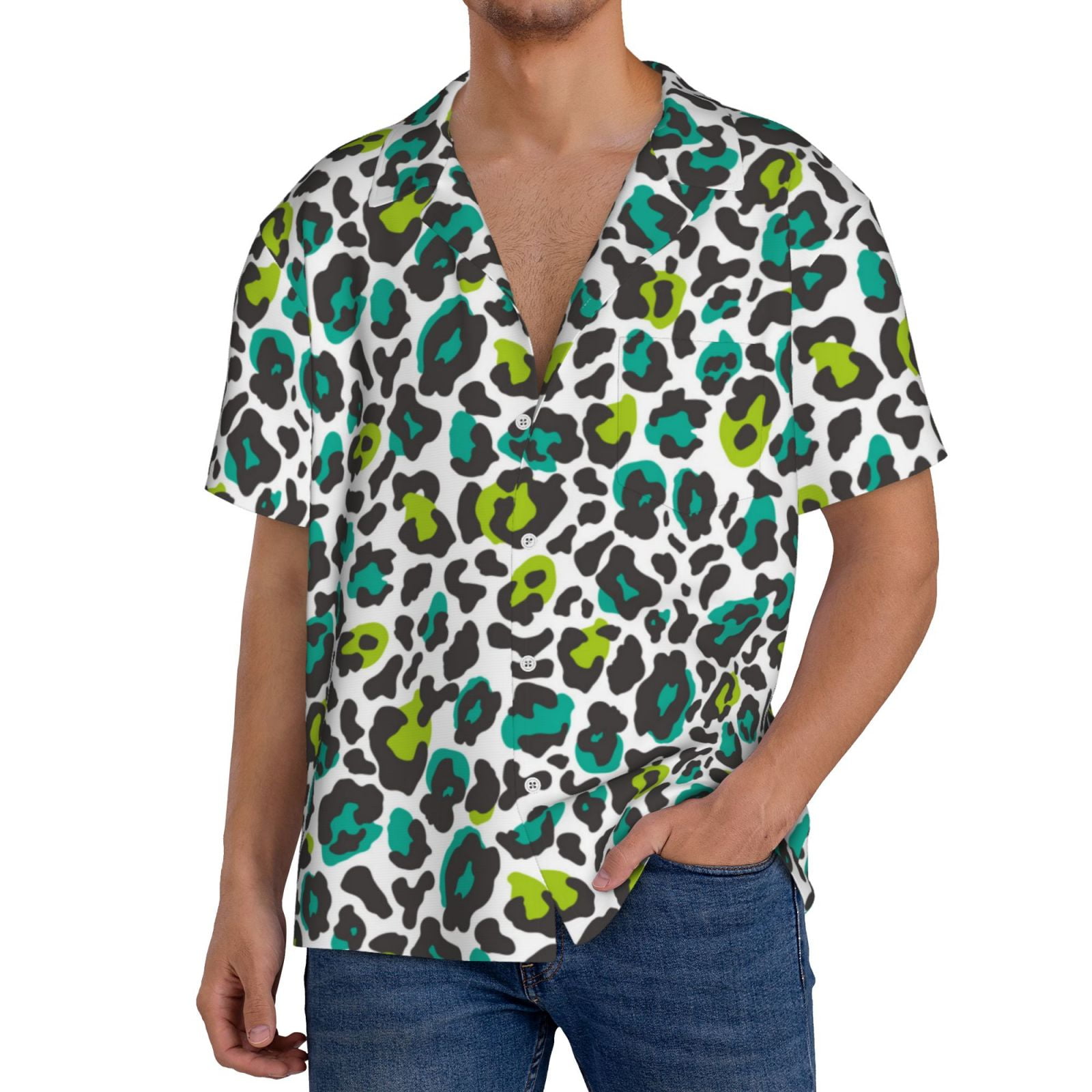 Hirioo Green Leopard for Men's Cuban Collar Short Sleeve Shirt Button ...