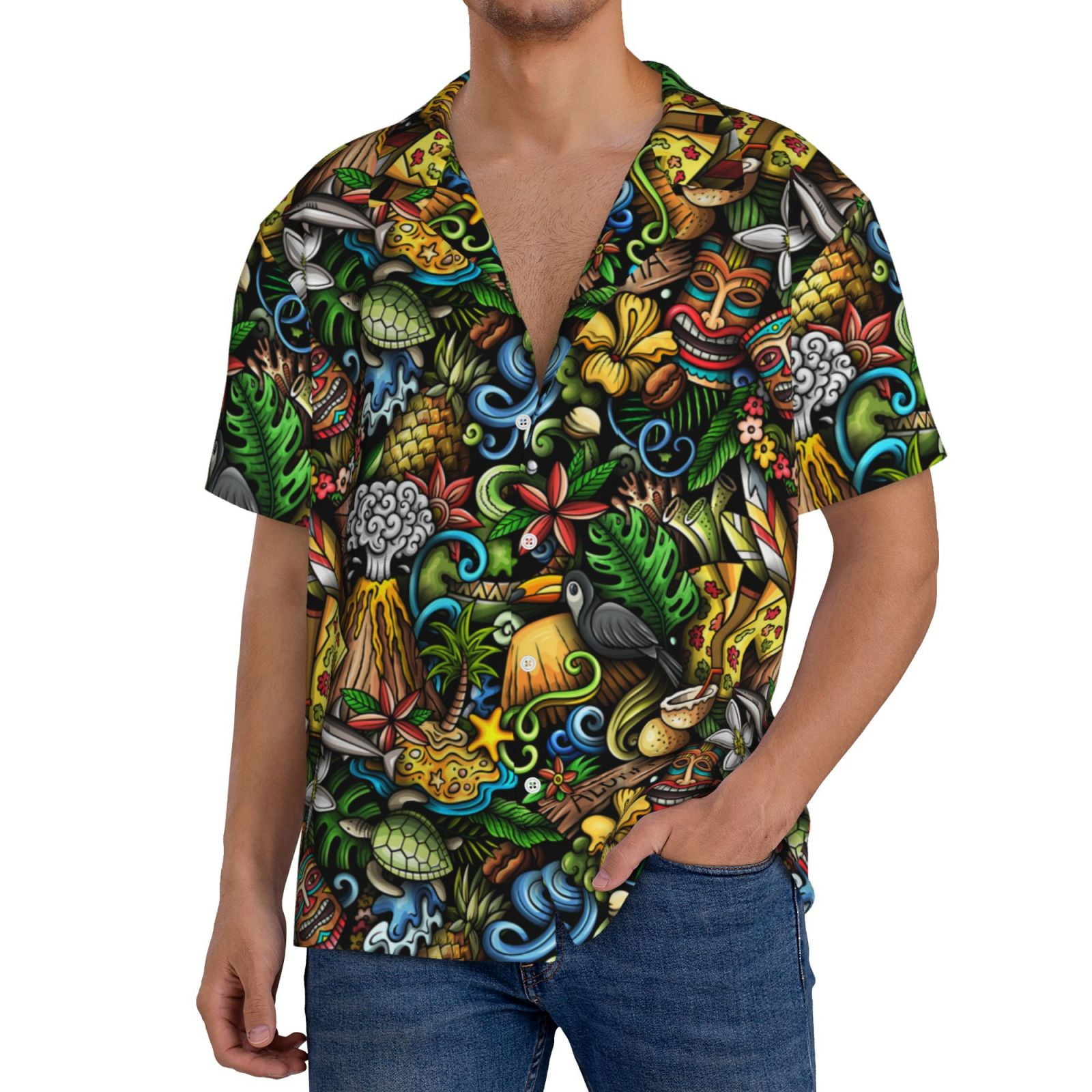 Hirioo Hawaiian Culture Symbols for Men's Cuban Collar Short Sleeve ...