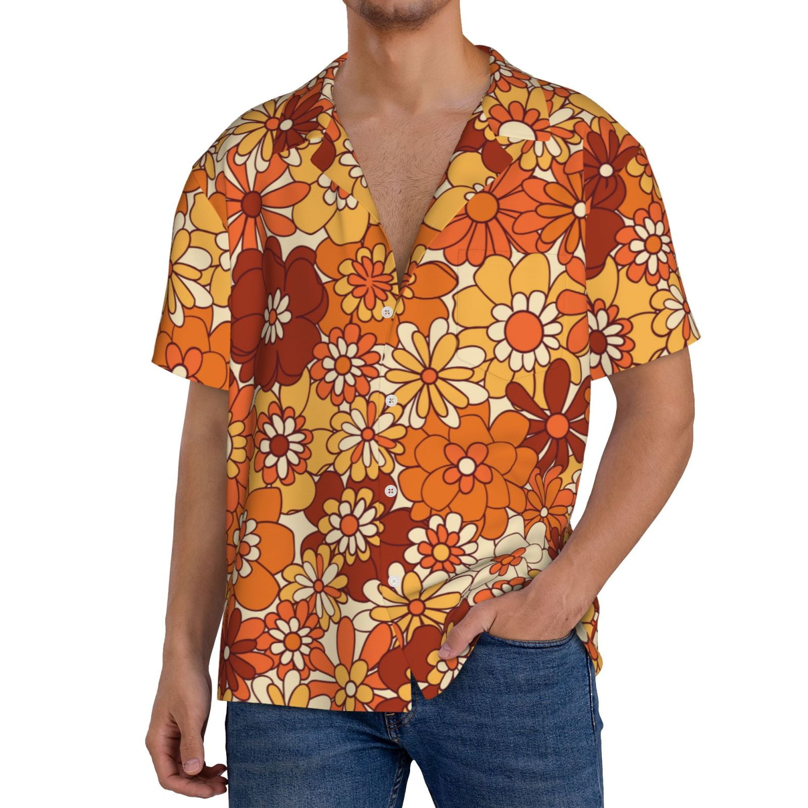 Hirioo Hippie Flower for Men's Cuban Collar Short Sleeve Shirt Button ...