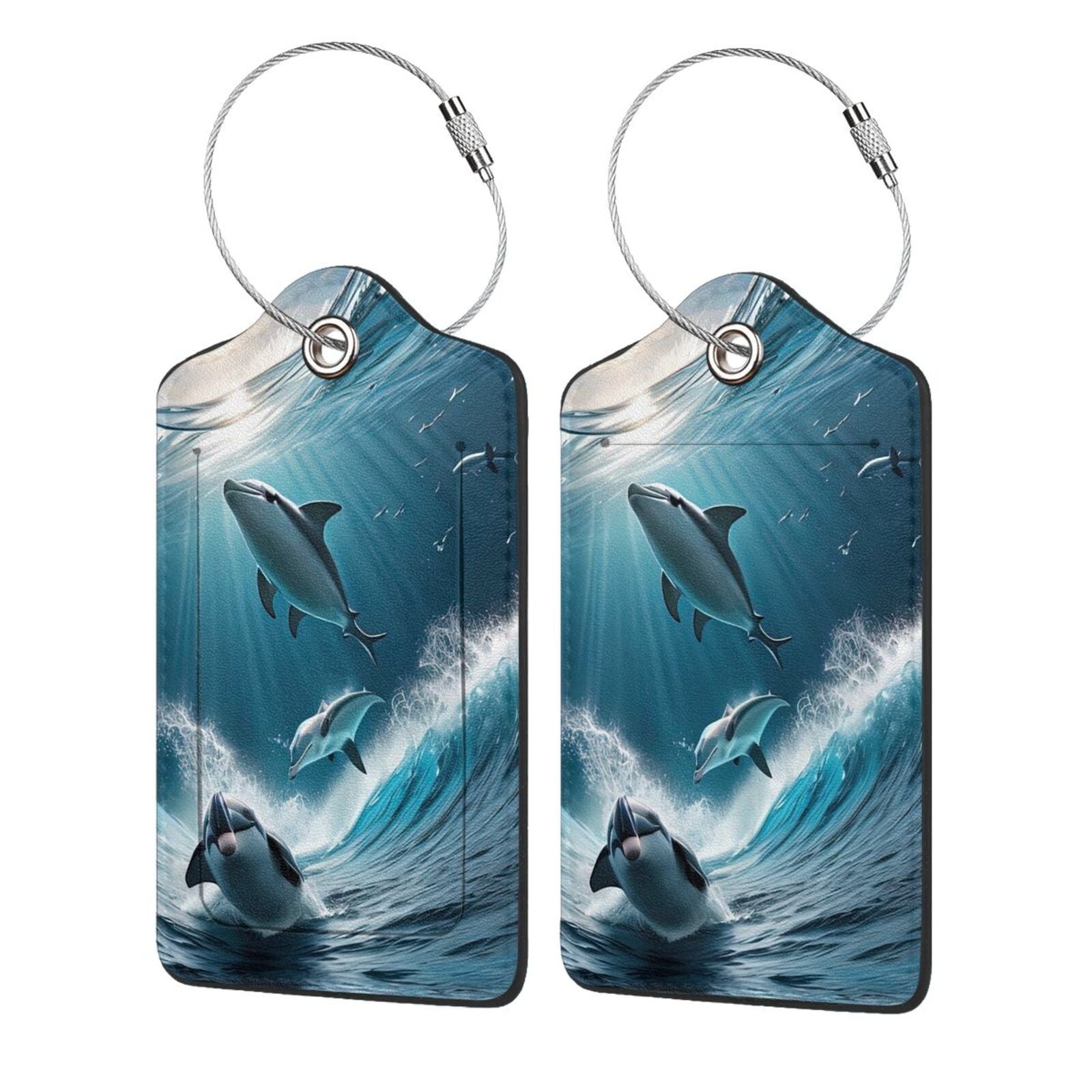 Hirioo Ice Blue Ocean Cute Dolphin A Print Leather Luggage Tag with ...