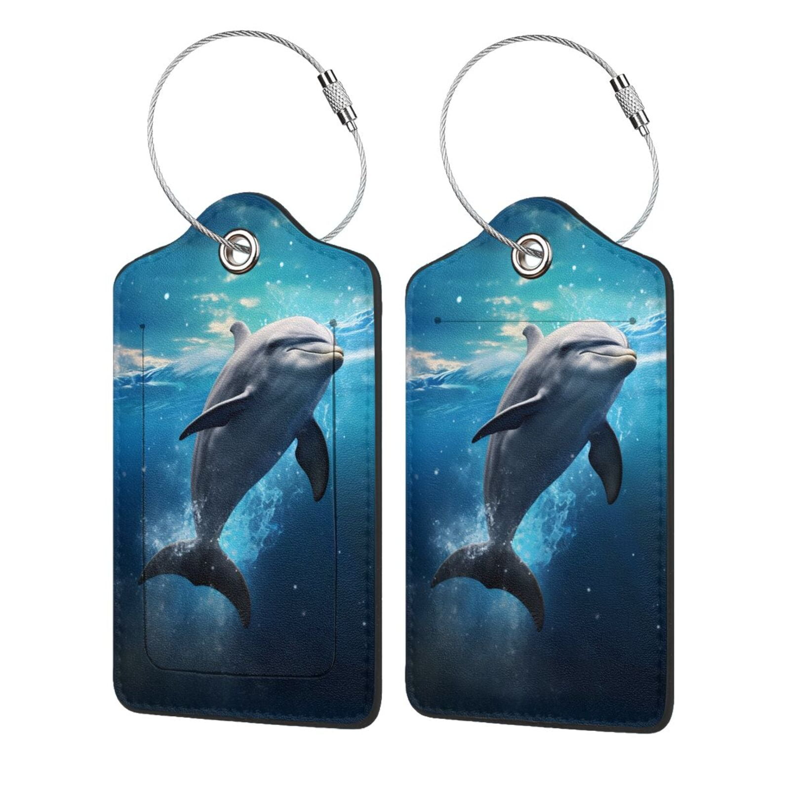 Hirioo Ice Blue Ocean Cute Dolphin Print Leather Luggage Tag with ...