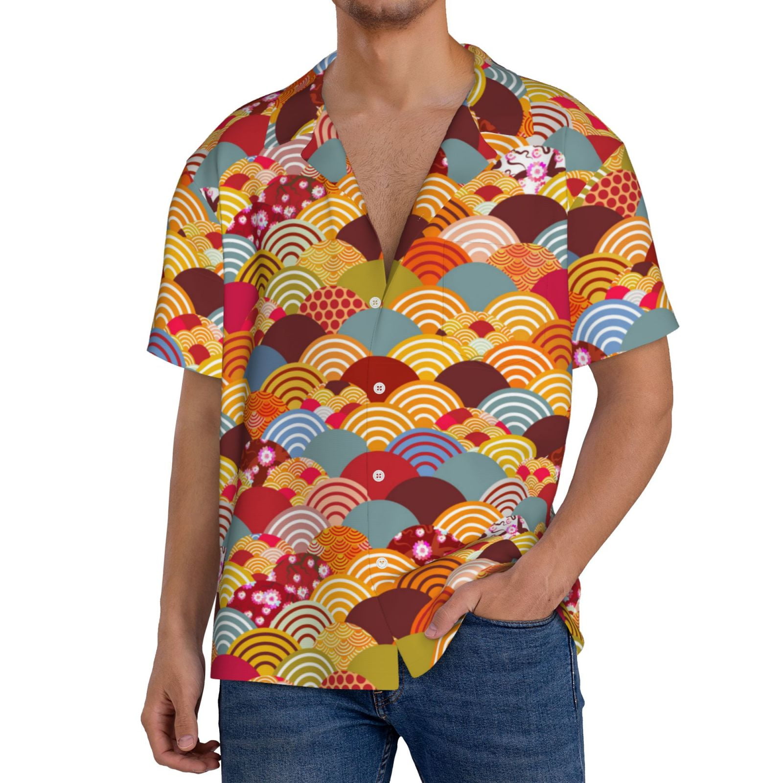 Hirioo Japanese Style Fish Scales for Men's Cuban Collar Short Sleeve ...