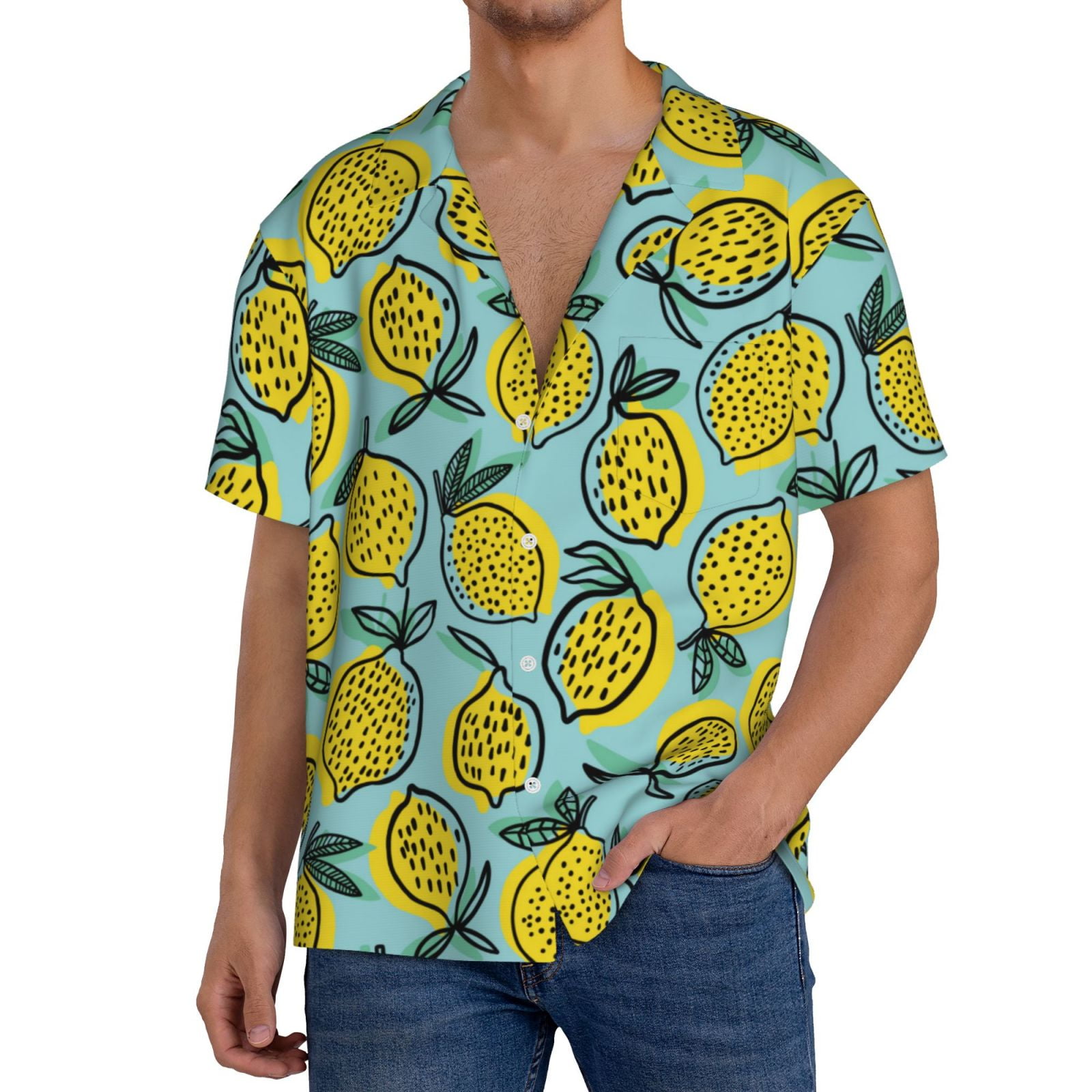 Hirioo Lemon for Men's Cuban Collar Short Sleeve Shirt Button Down ...