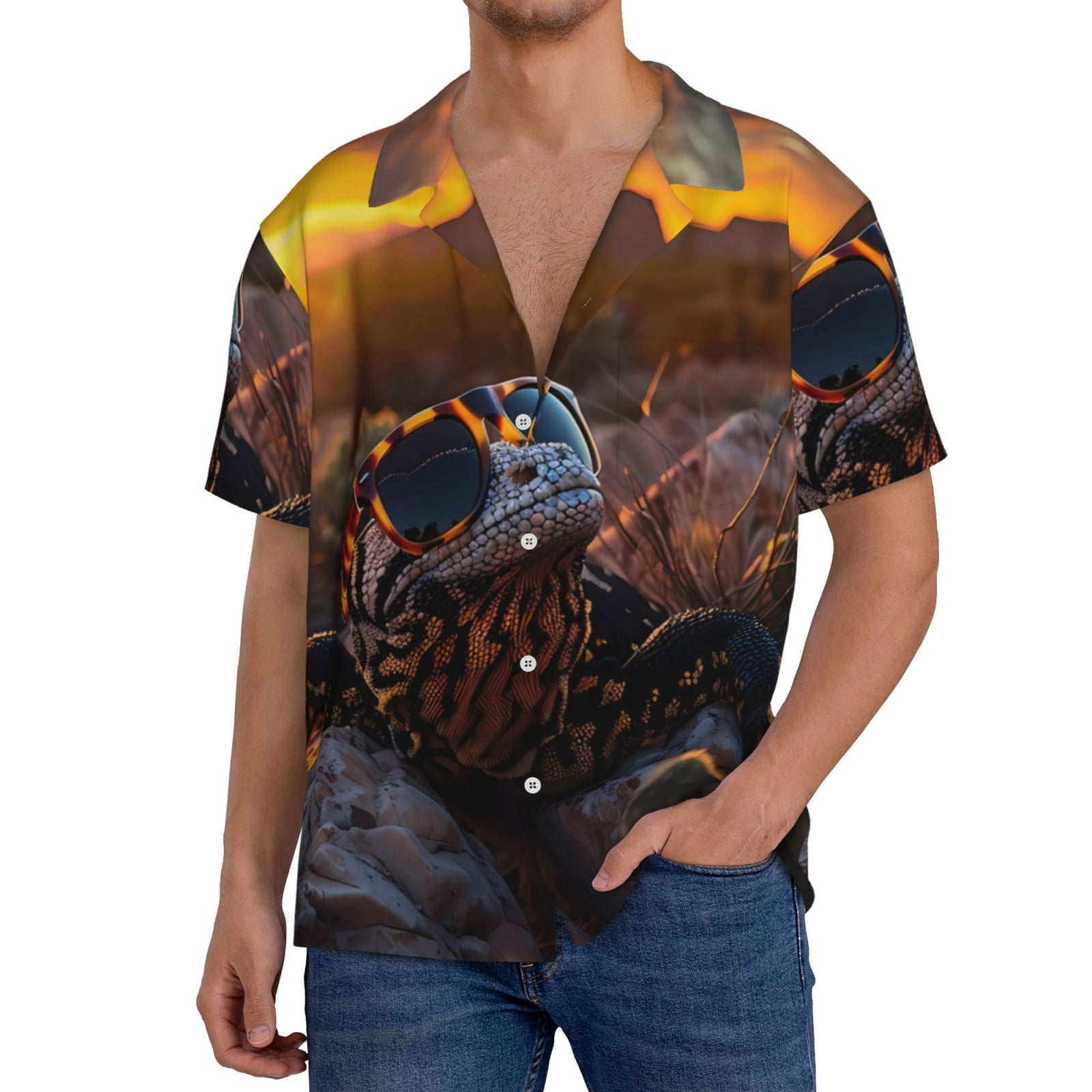 Hirioo Lizard With Sunglasses Sunset for Men's Cuban Collar Short ...