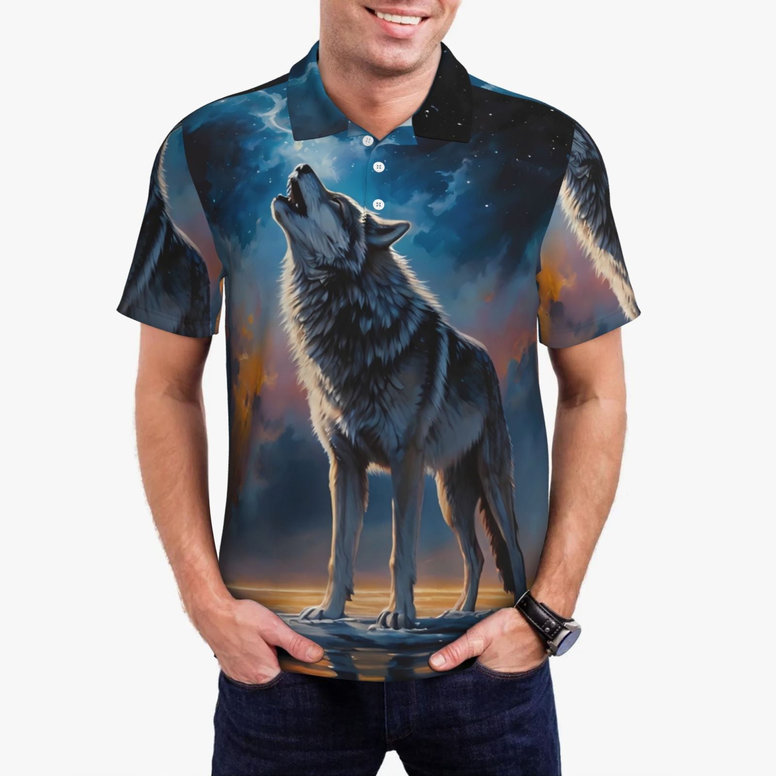 Hirioo Lonely Night Sky Wolf for Men’s Polo Shirts Quick Dry Short ...