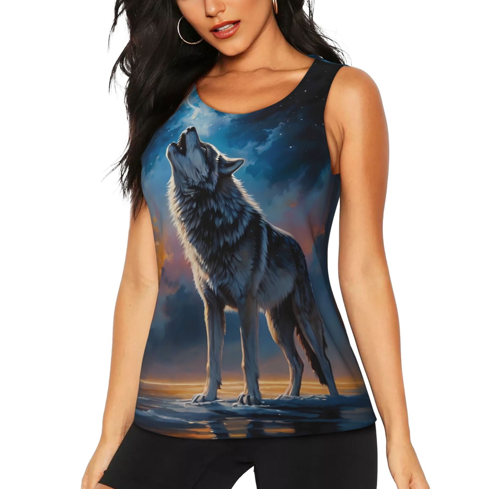Hirioo Lonely Night Sky Wolf for Women's Workout Tank Top Sleeveless ...