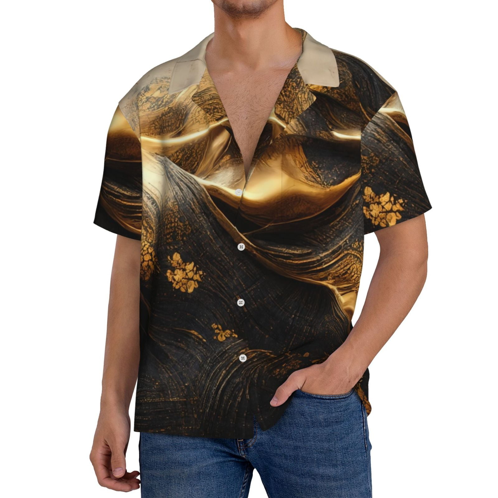 Hirioo Luxurious Gold Flow for Men's Cuban Collar Short Sleeve Shirt Button Down Shirt Beach ...