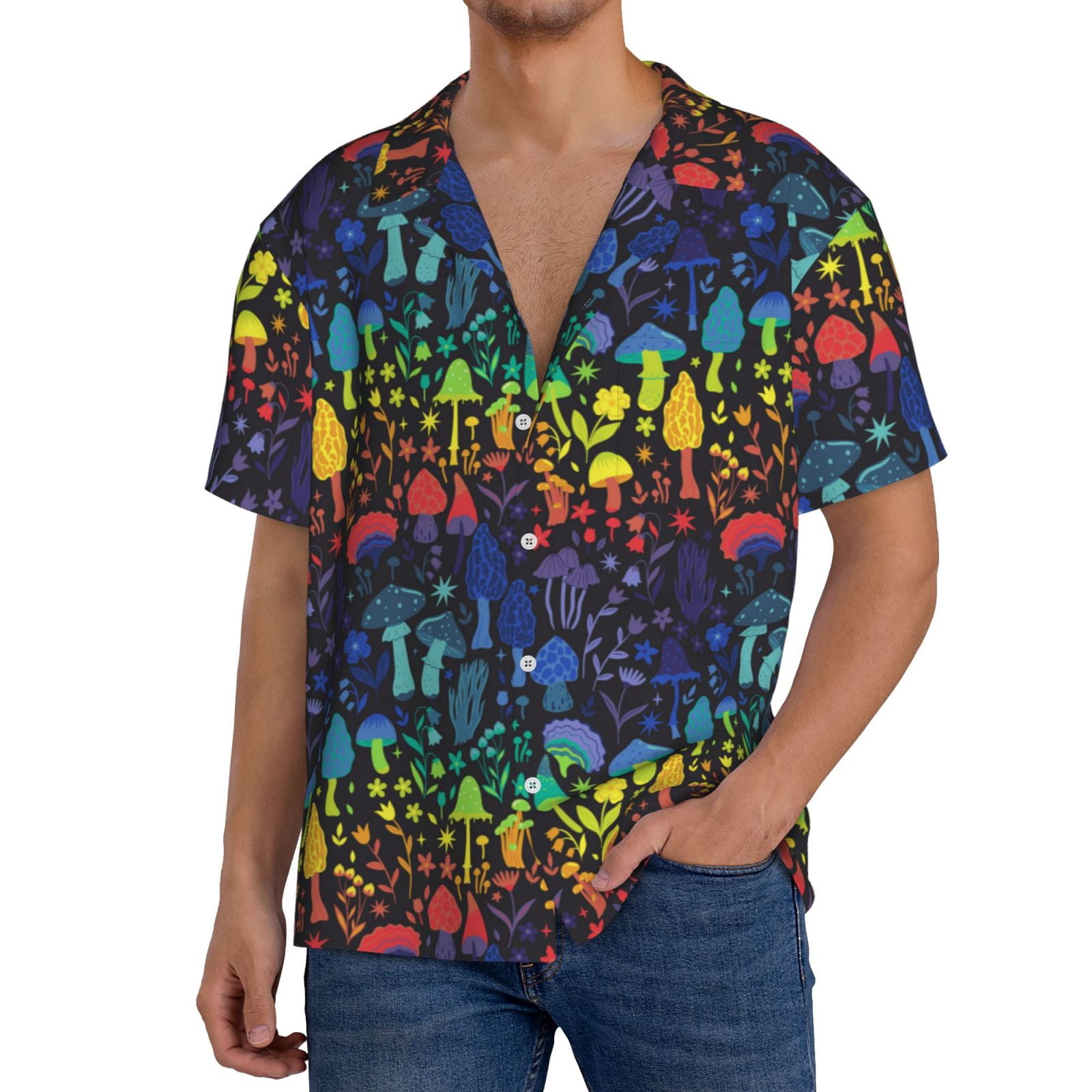 Hirioo Magical Mushrooms and Flowers for Men's Cuban Collar Short ...