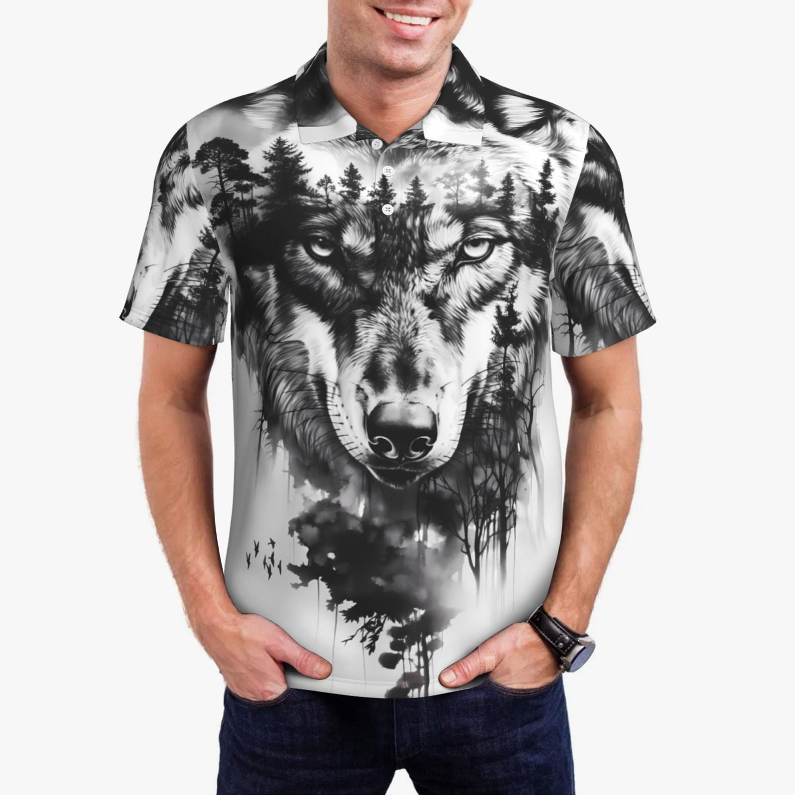 Hirioo Majestic Wolf Landscape for Men’s Polo Shirts Quick Dry Short ...