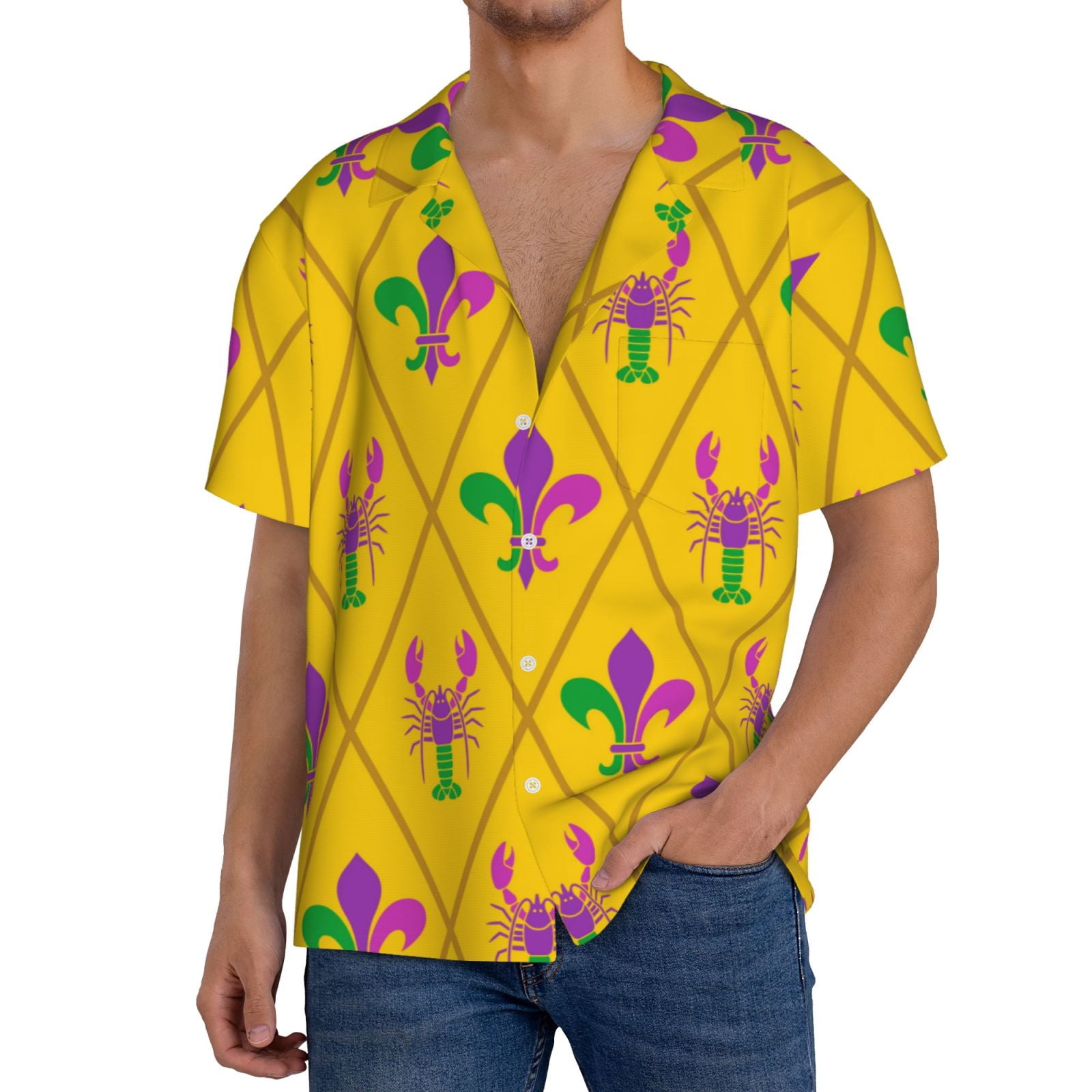 Hirioo Mardi Gras Crayfish and Fleur de lis for Men's Cuban Collar ...
