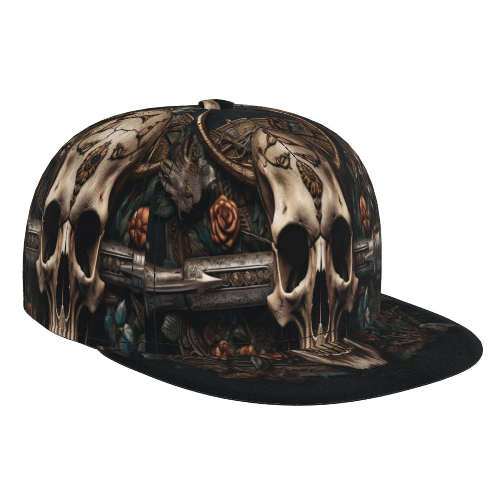 Hirioo Metal Style Horned Skull for Baseball Cap Men Cap Flat Brim for ...