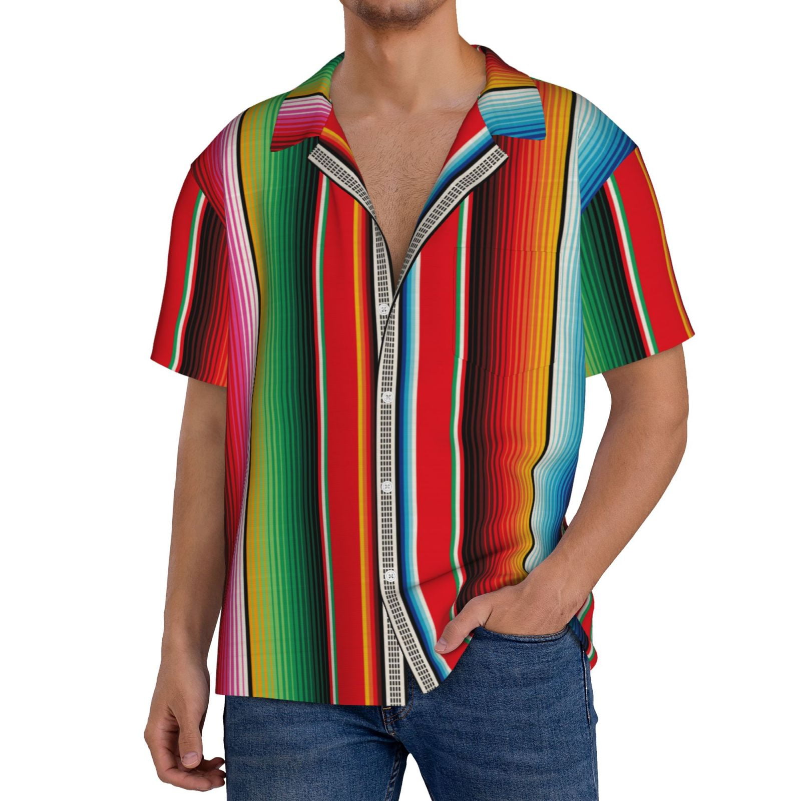 Hirioo Mexican Serape Blanket Stripes for Men's Cuban Collar Short ...