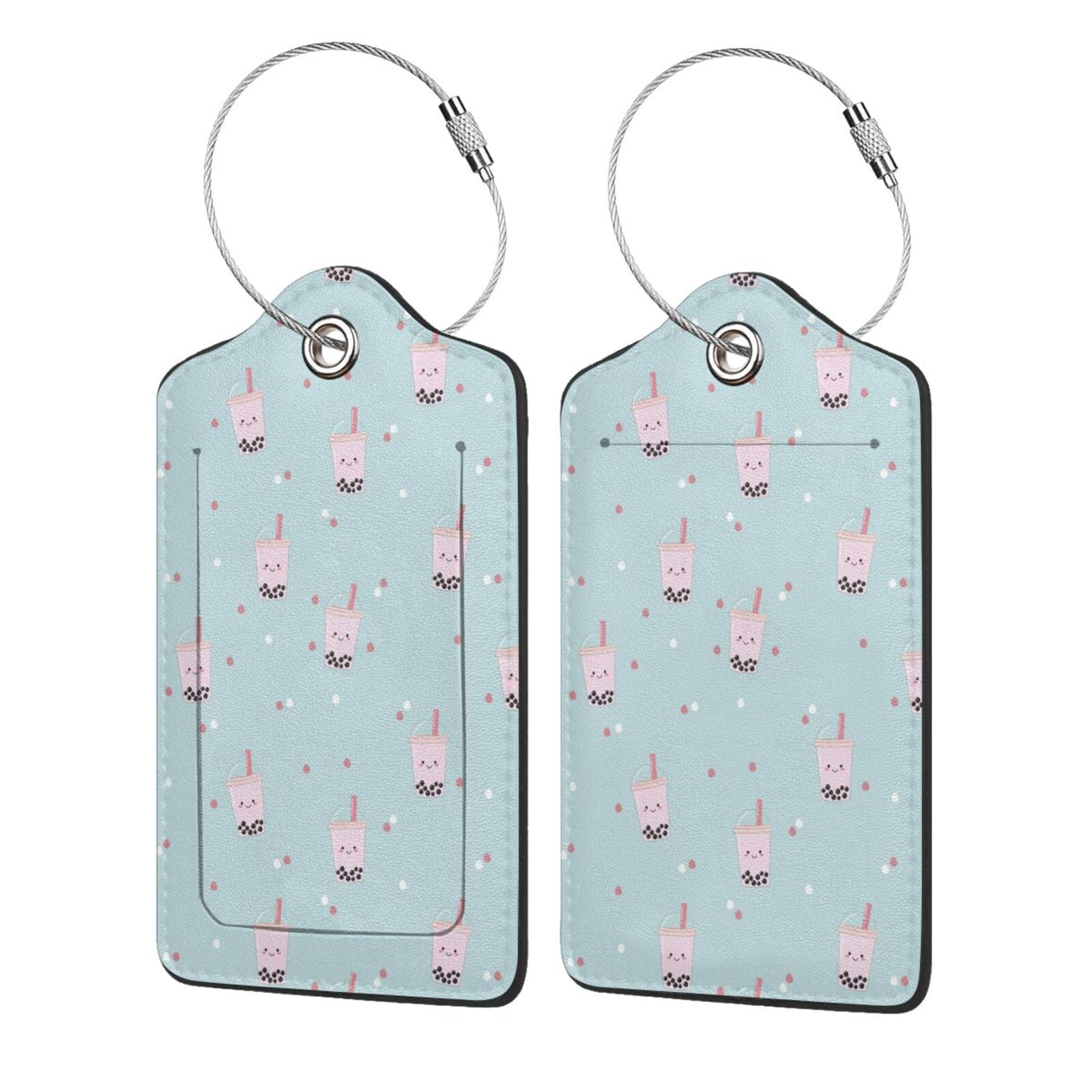 Hirioo Milk Tea Print Leather Luggage Tag with Stainless Steel Loop ...