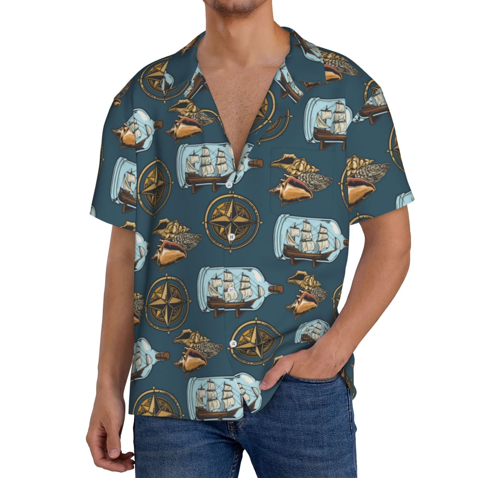 Hirioo Miniature Ship In Bottle for Men's Cuban Collar Short Sleeve ...