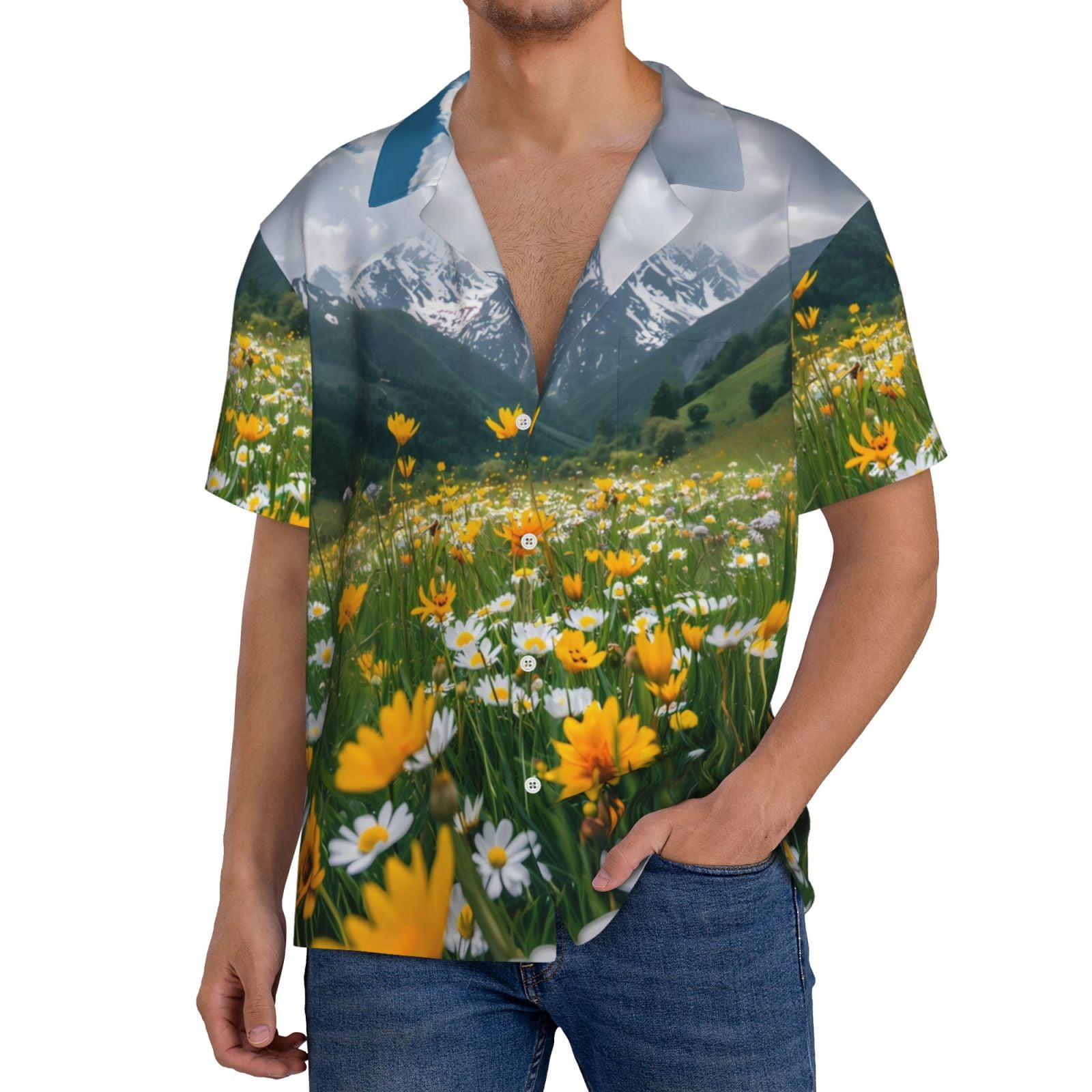 Hirioo Mountain Daisy Meadow for Men's Cuban Collar Short Sleeve Shirt ...