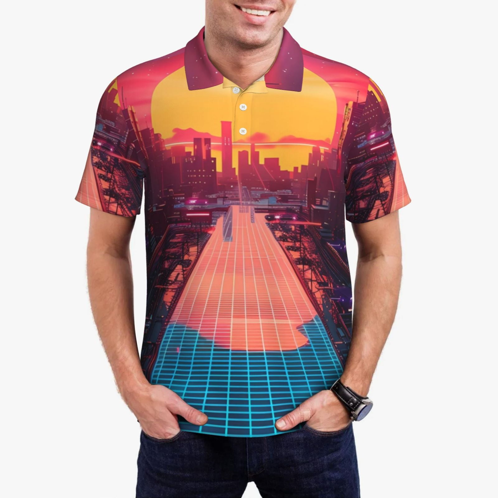 Hirioo Neon Sunset Cyberpunk Cityscape for Men’s Polo Shirts Quick Dry Short Sleeve Golf T Shirt ...
