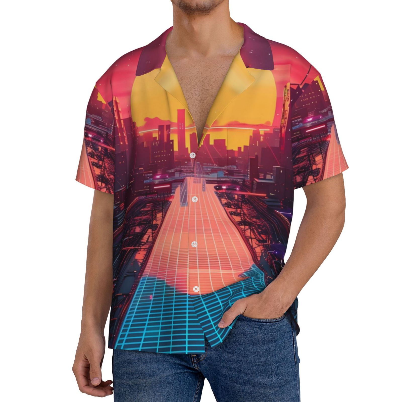 Hirioo Neon Sunset Cyberpunk Cityscape for Men's Cuban Collar Short ...