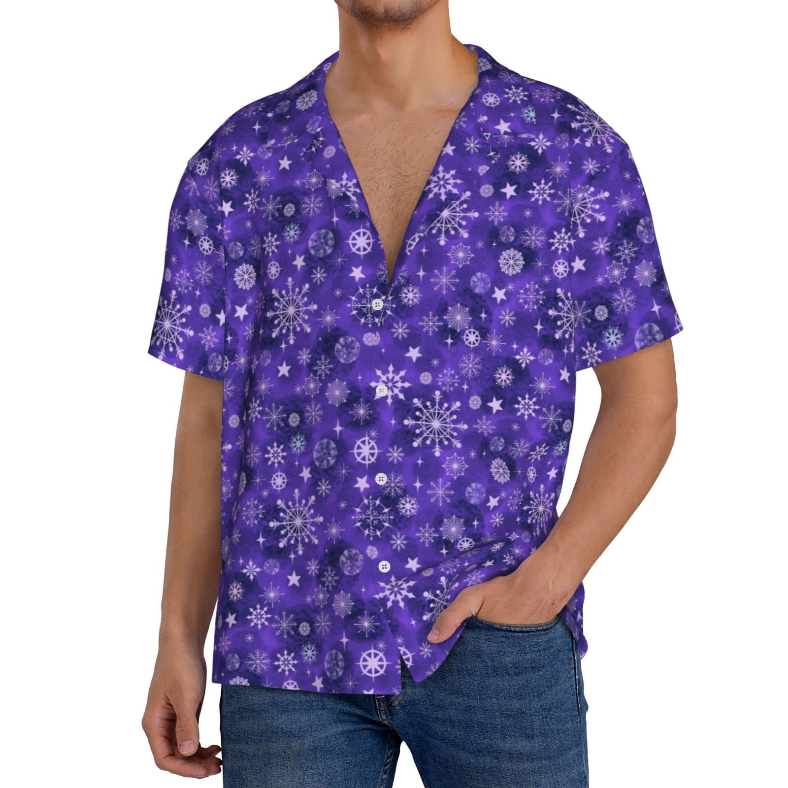 Hirioo New Year Snowflakes for Men's Cuban Collar Short Sleeve Shirt ...
