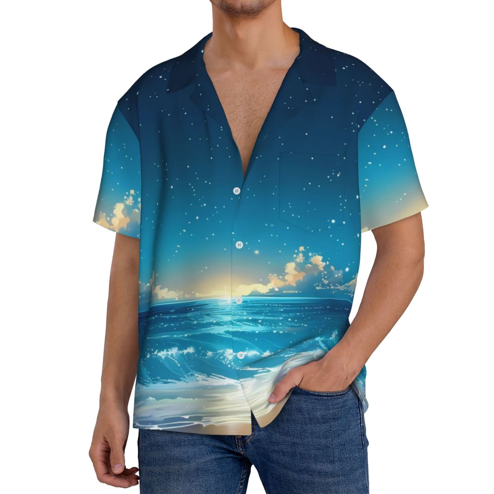 Hirioo Night Sky Beach Scene for Men's Cuban Collar Short Sleeve Shirt Button Down Shirt Beach ...
