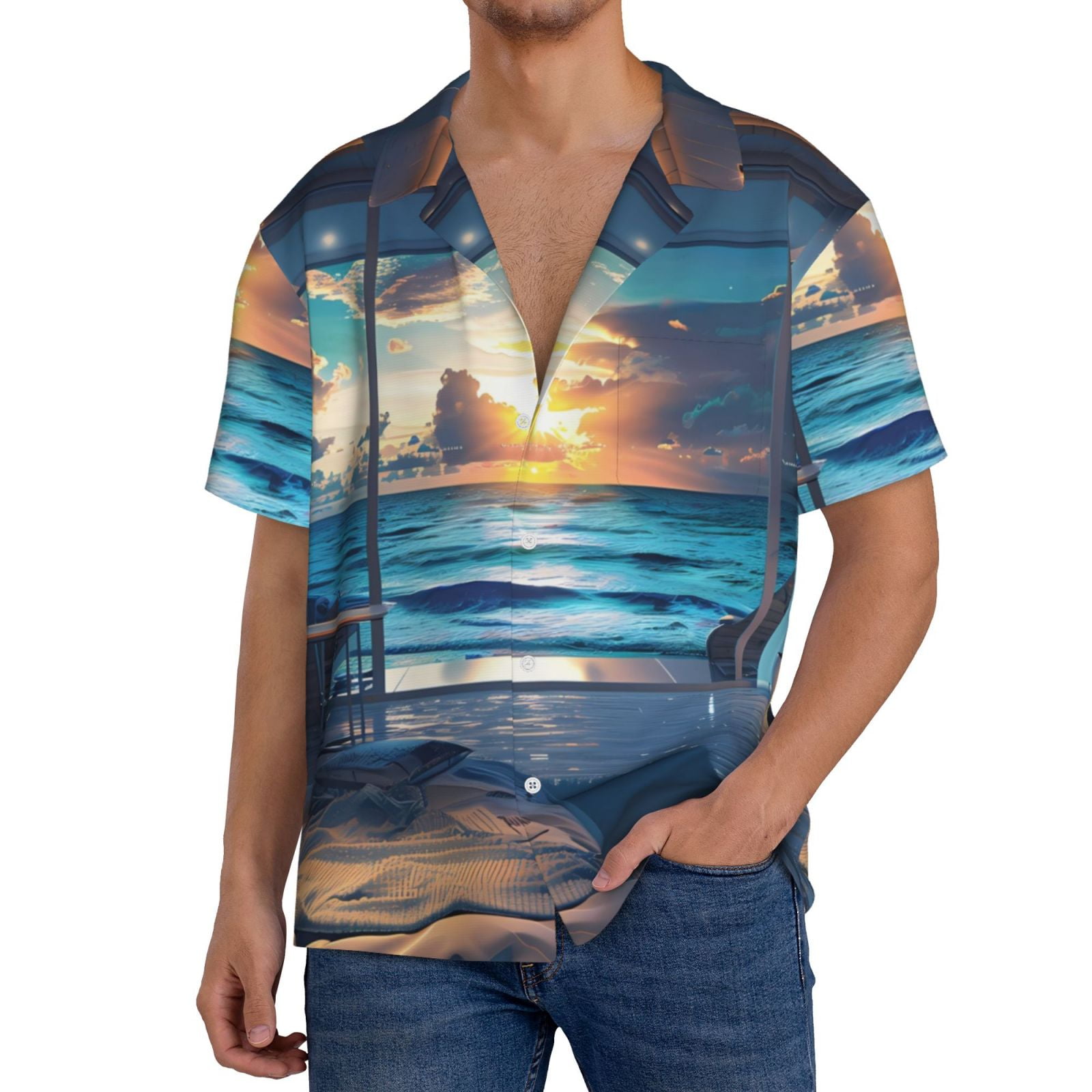 Hirioo Ocean View Bedroom for Men's Cuban Collar Short Sleeve Shirt ...