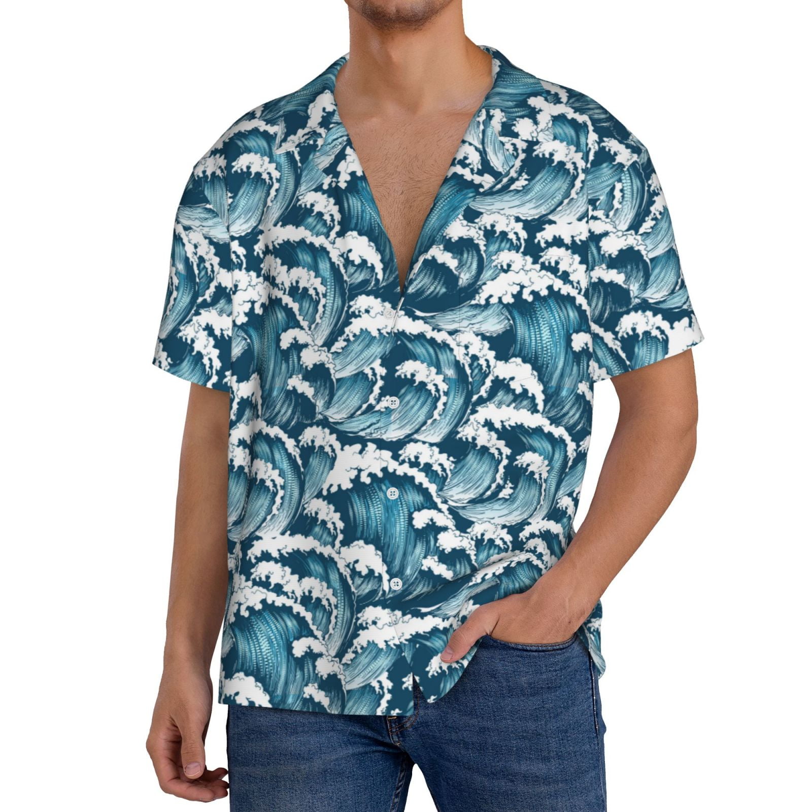 Hirioo Ocean Waves for Men's Cuban Collar Short Sleeve Shirt Button ...