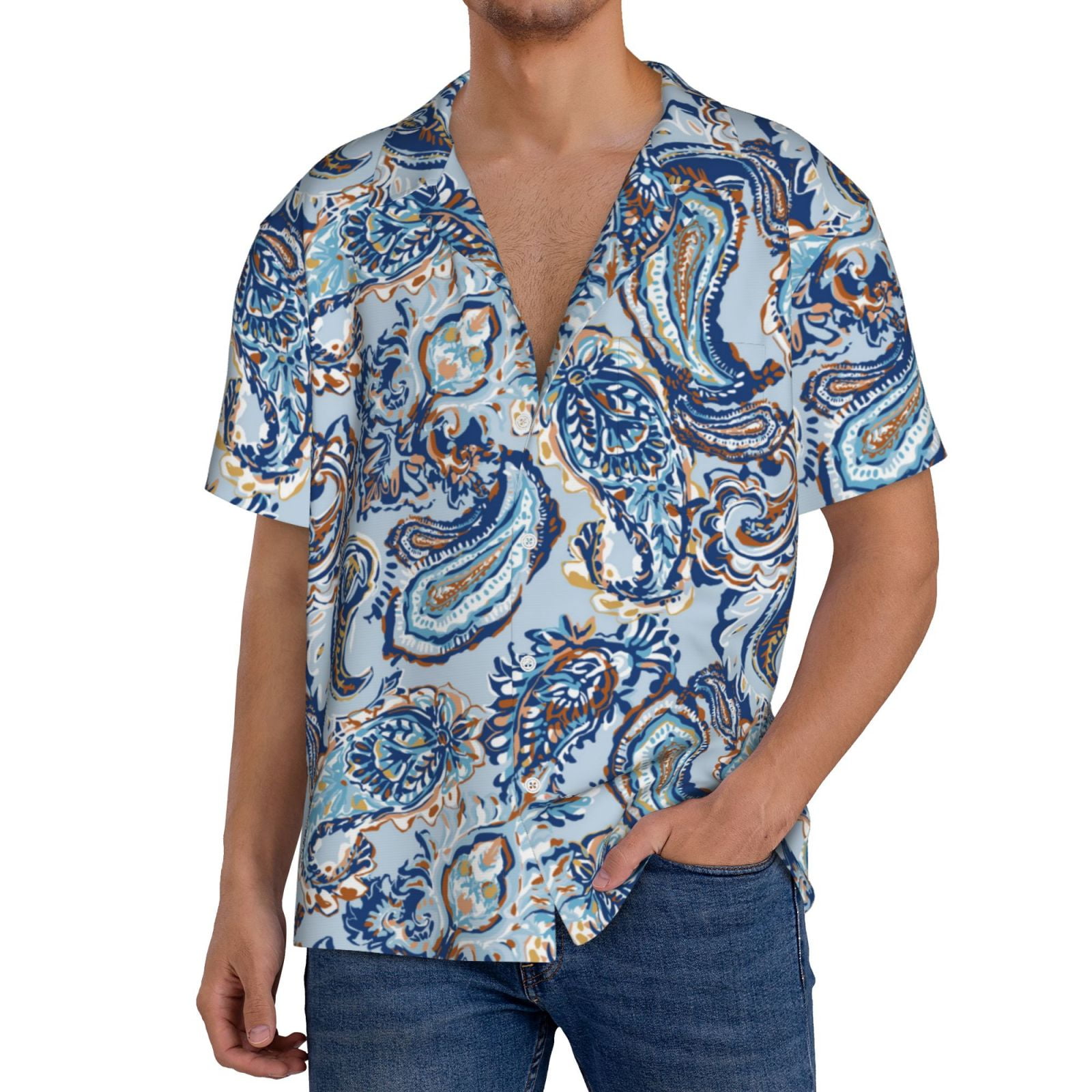 Hirioo Paisley Floral Branches for Men's Cuban Collar Short Sleeve ...