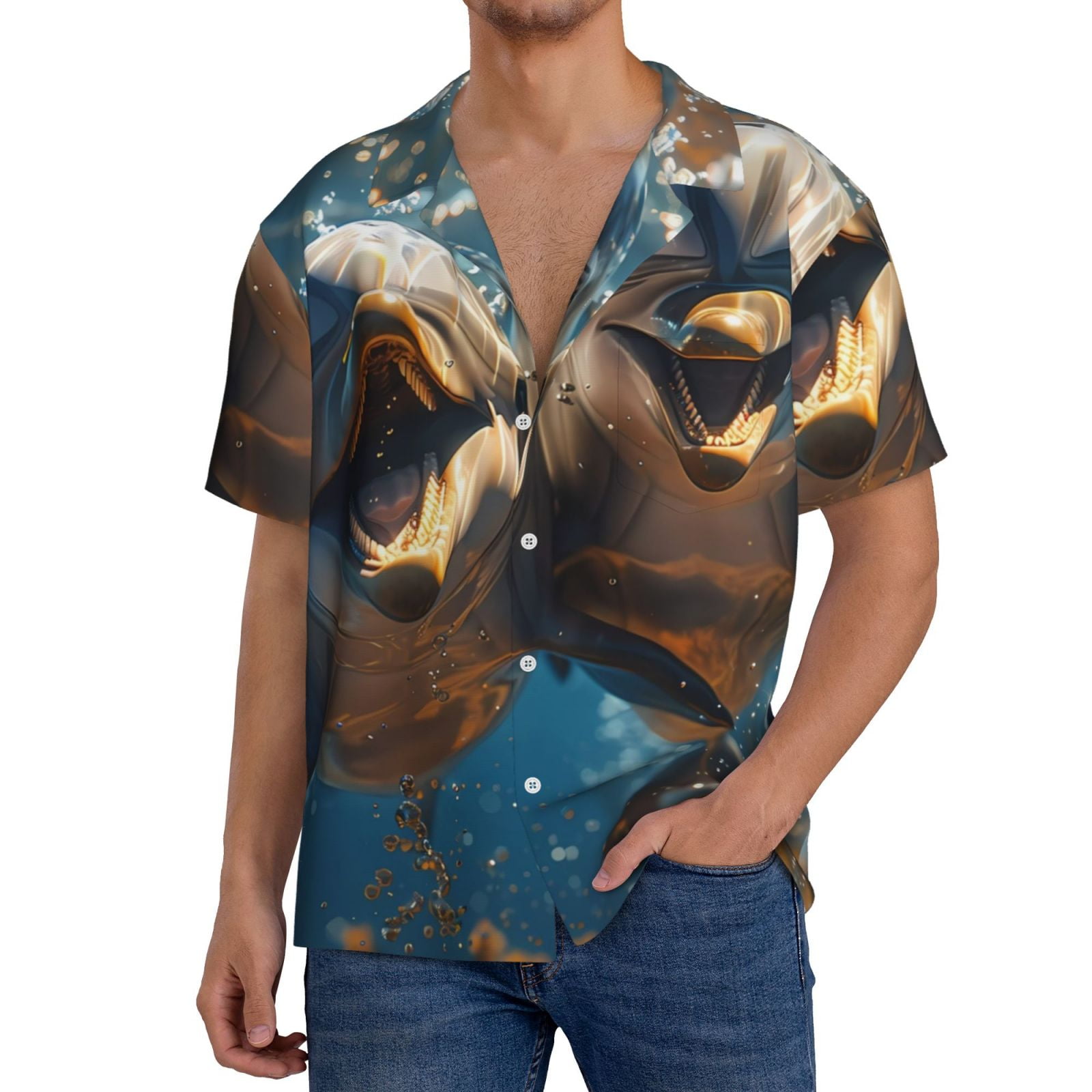 Hirioo Playful Dolphins Underwater for Men's Cuban Collar Short Sleeve ...