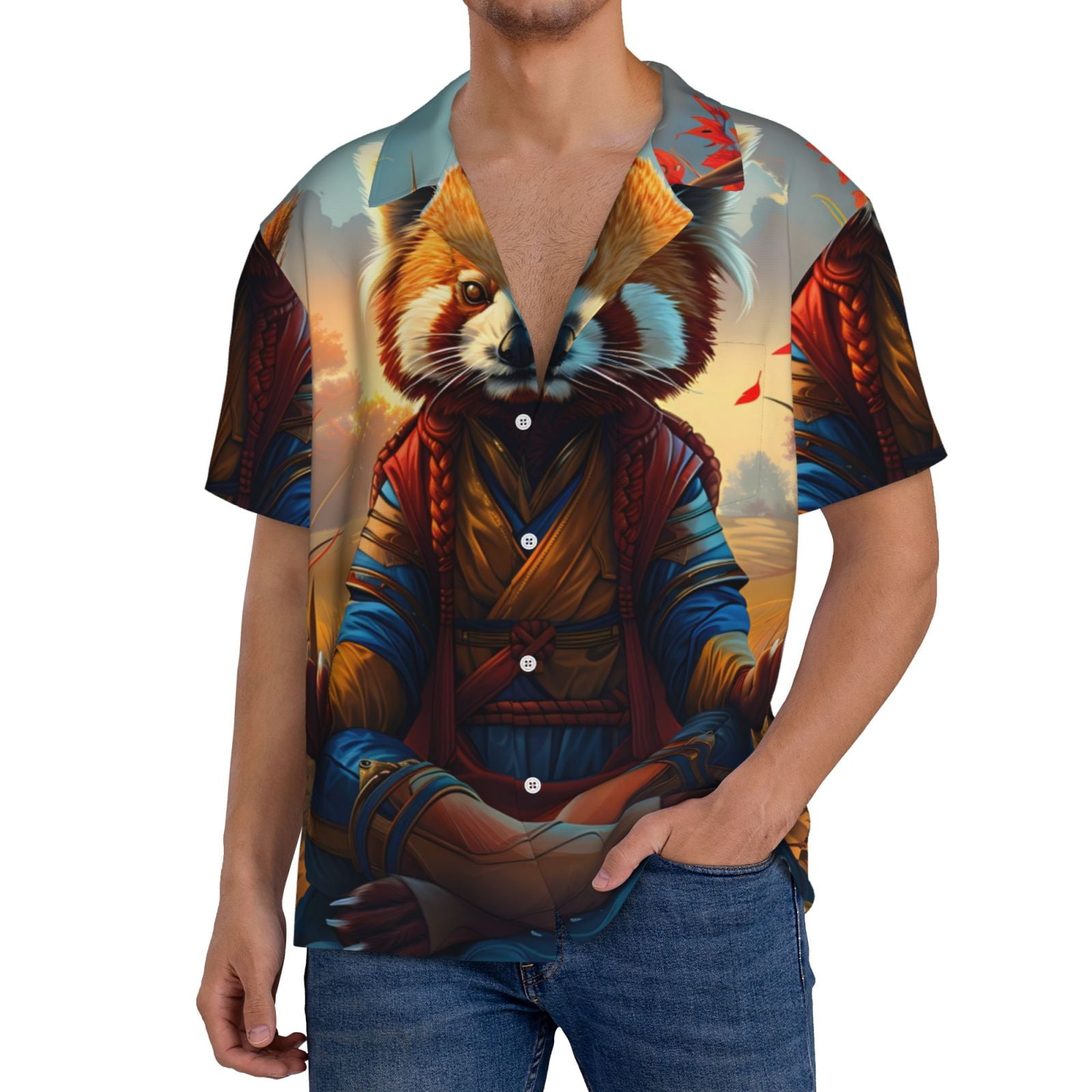 Hirioo Prairie Meditating Raccoon for Men's Cuban Collar Short Sleeve ...