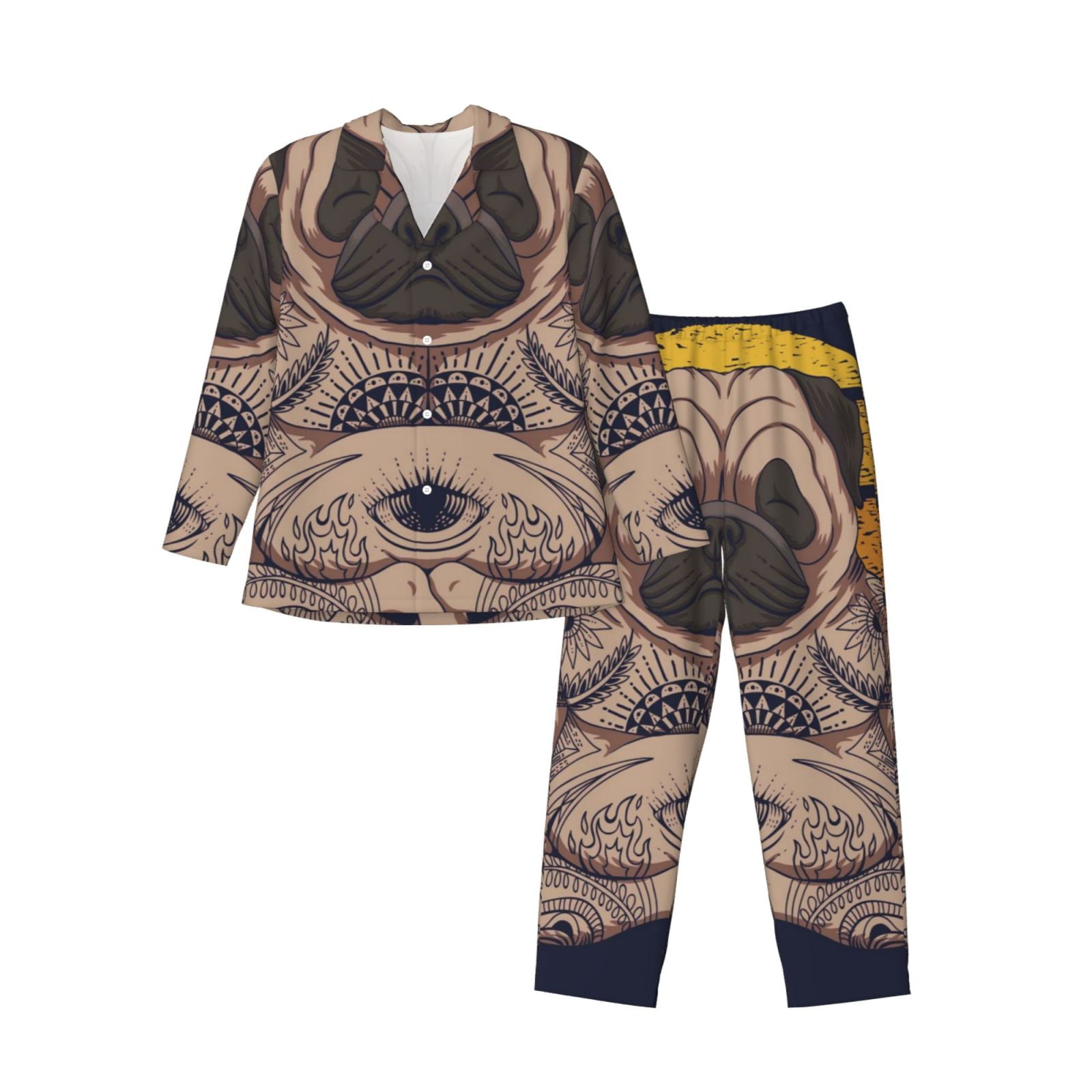 Hirioo Pug dog Yoga for Men's Pajama Sets 2 Piece Pjs Men's Long-Sleeved Pajama Set Button Down ...
