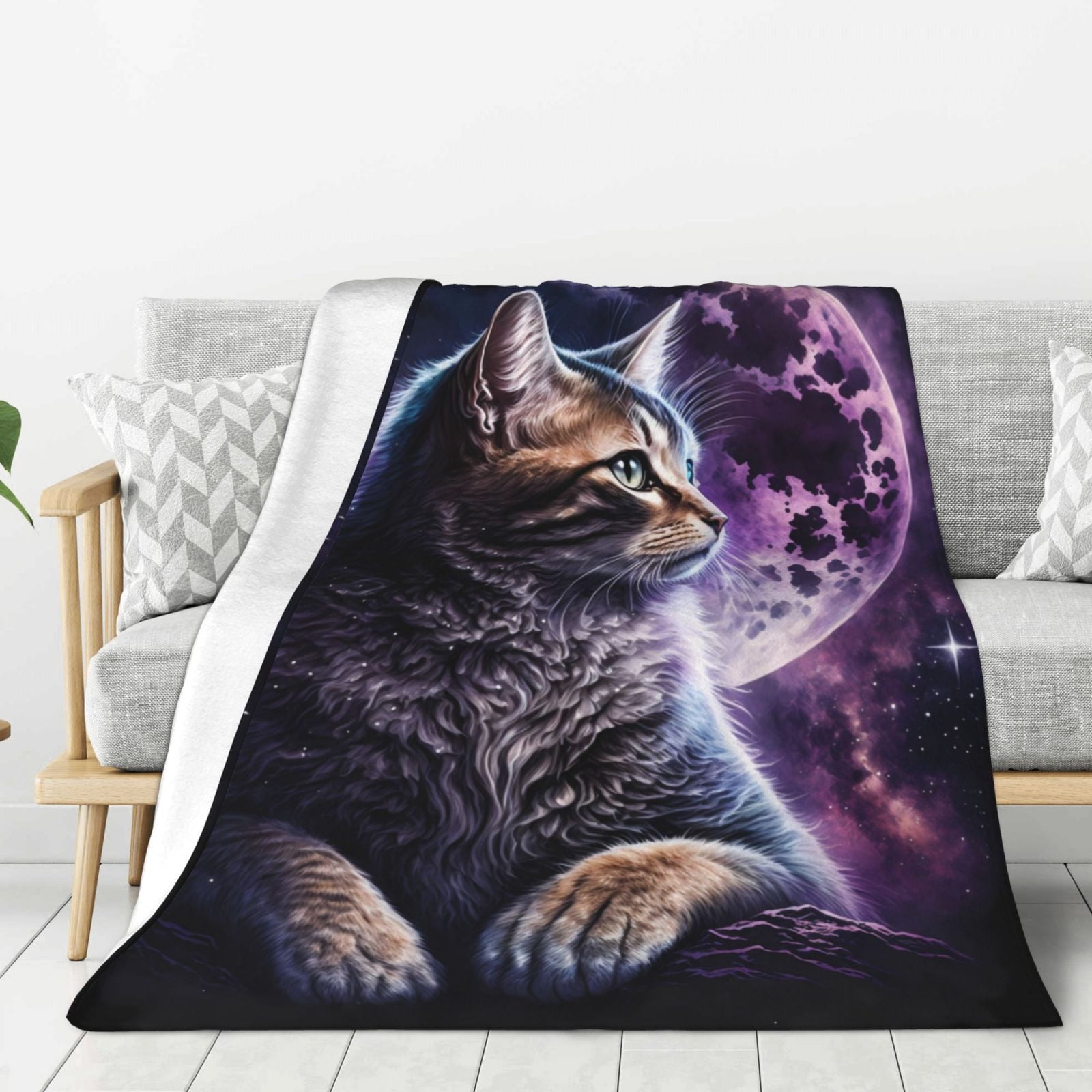 Hirioo Purple Moon Cat for Flannel Blanket, Cozy and Warm Throw for Bed ...