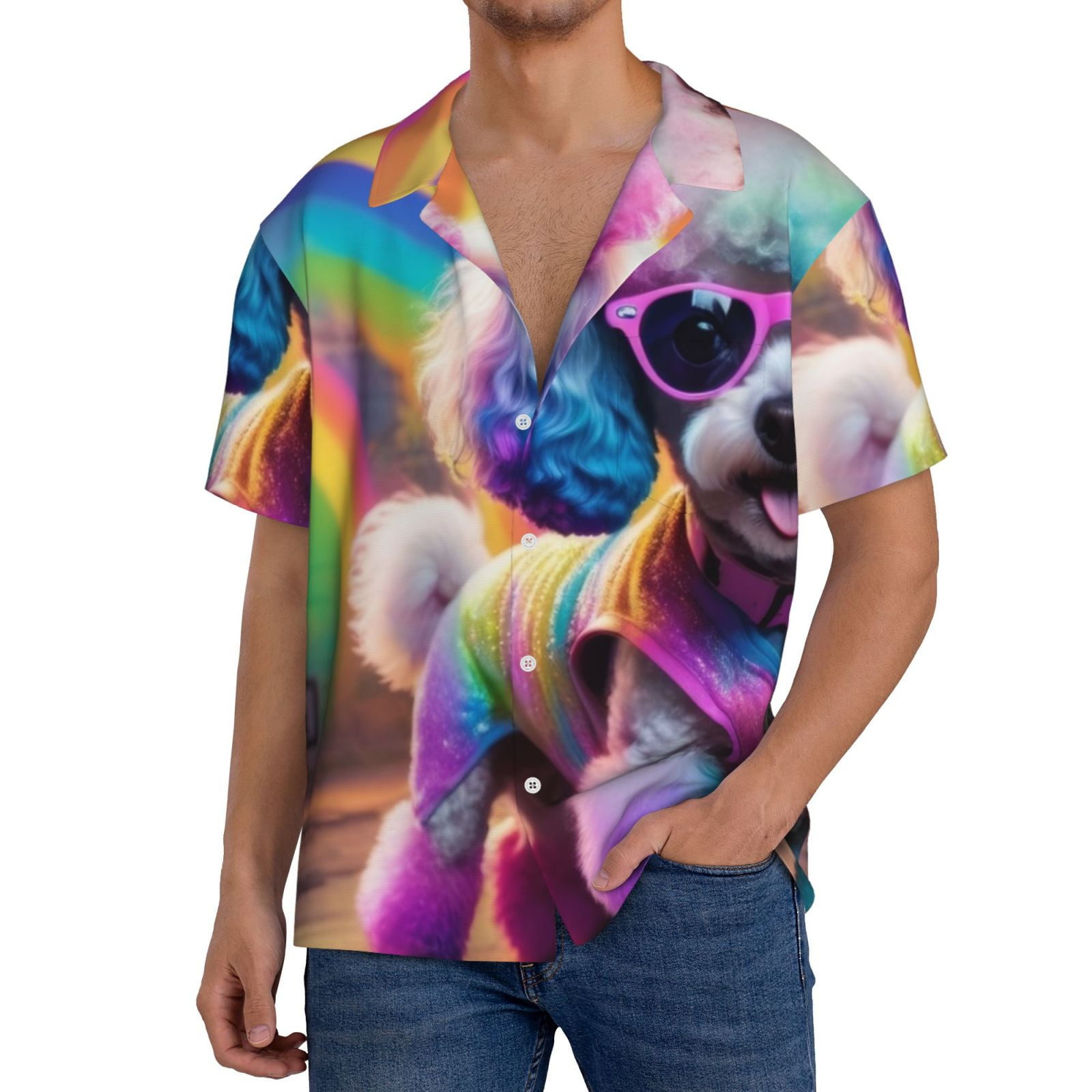 Hirioo Rainbow Poodle Urban Street for Men's Cuban Collar Short Sleeve ...