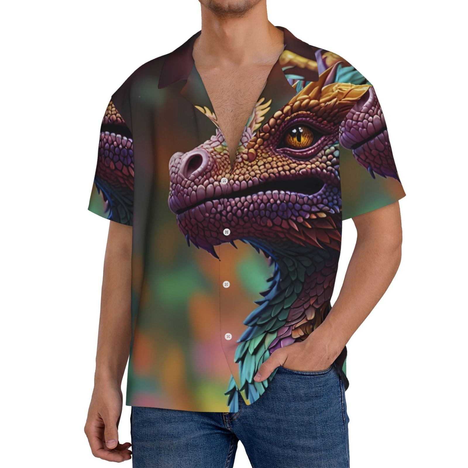 Hirioo Rainbow Scales Fantasy Dragon for Men's Cuban Collar Short ...