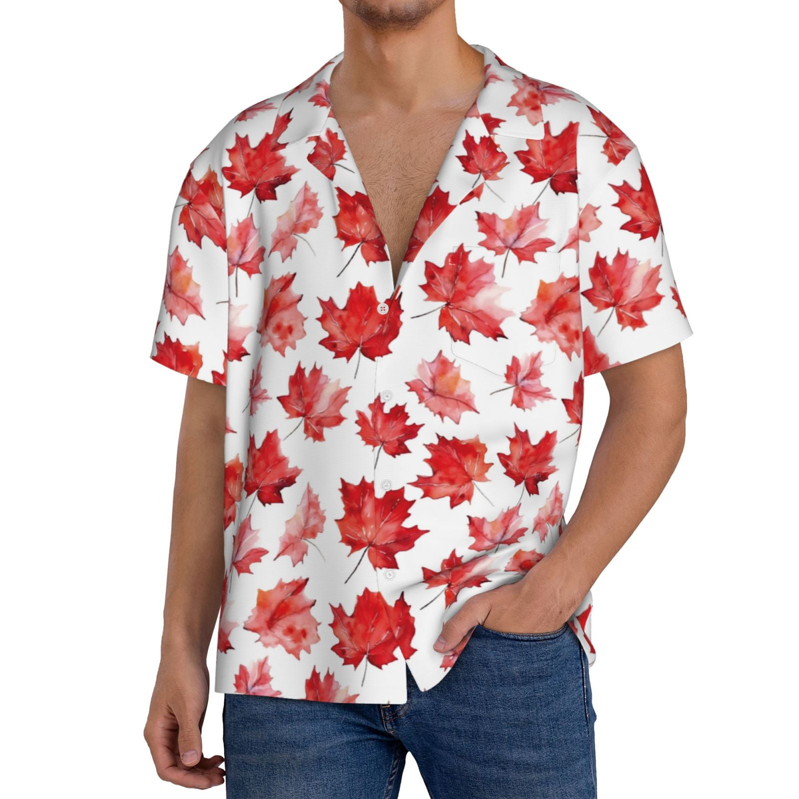 Hirioo Realistic Maple Leaf for Men's Cuban Collar Short Sleeve Shirt ...