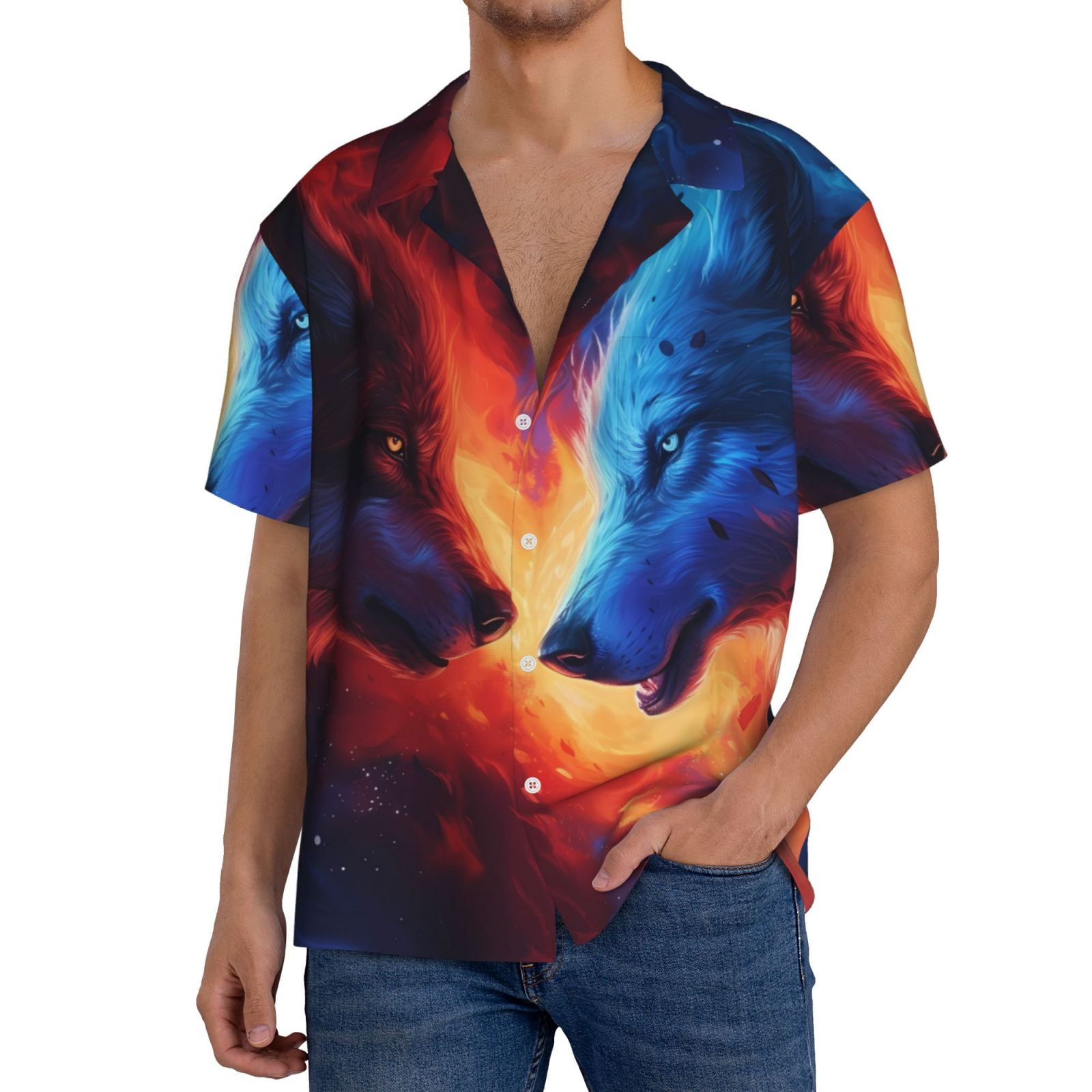 Hirioo Red And Blue Fire Wolf for Men's Cuban Collar Short Sleeve Shirt ...