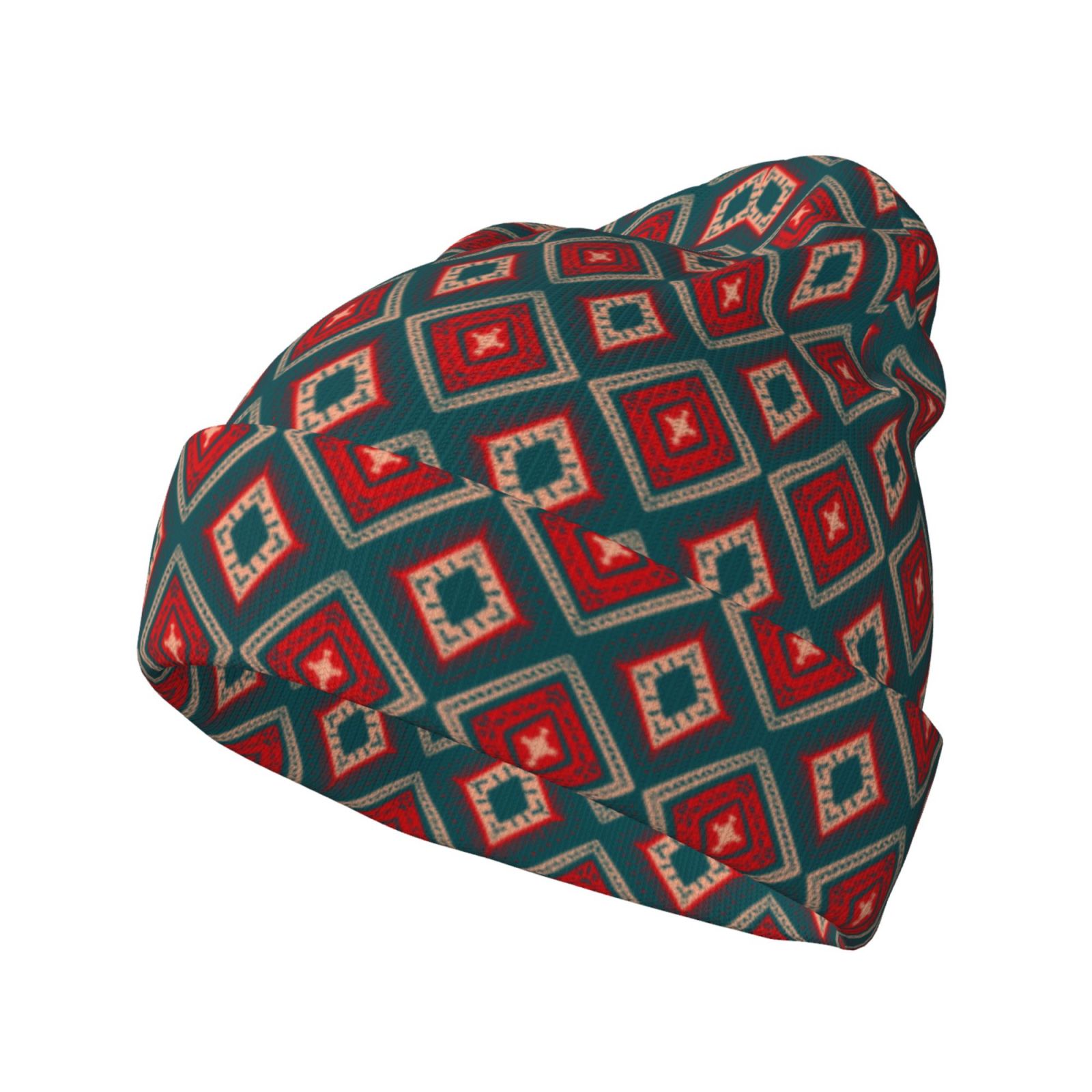 Hirioo Red And Orange On Blue Teal for Men's Knit Cuffed Beanie for ...
