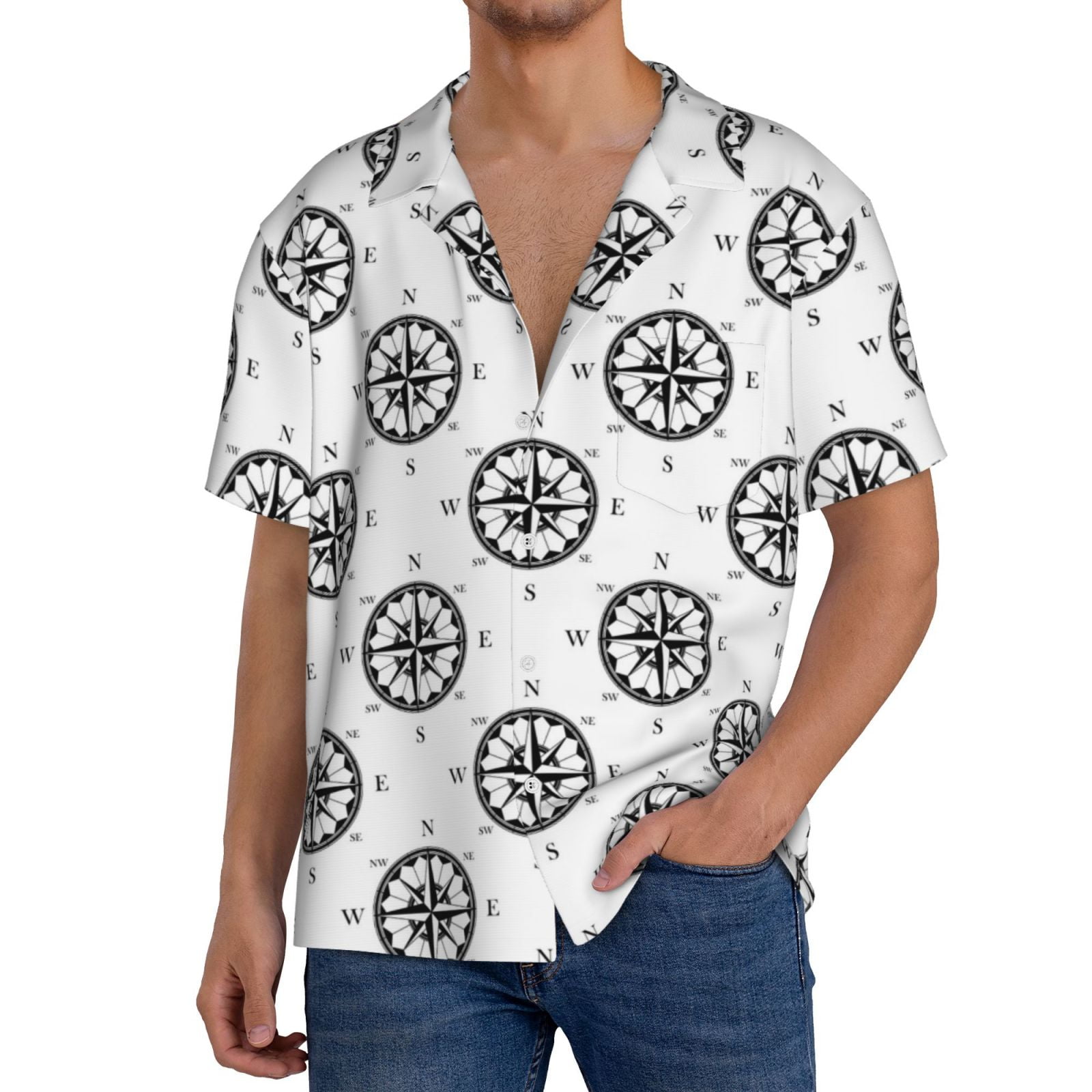 Hirioo Retro Compass for Men's Cuban Collar Short Sleeve Shirt Button ...