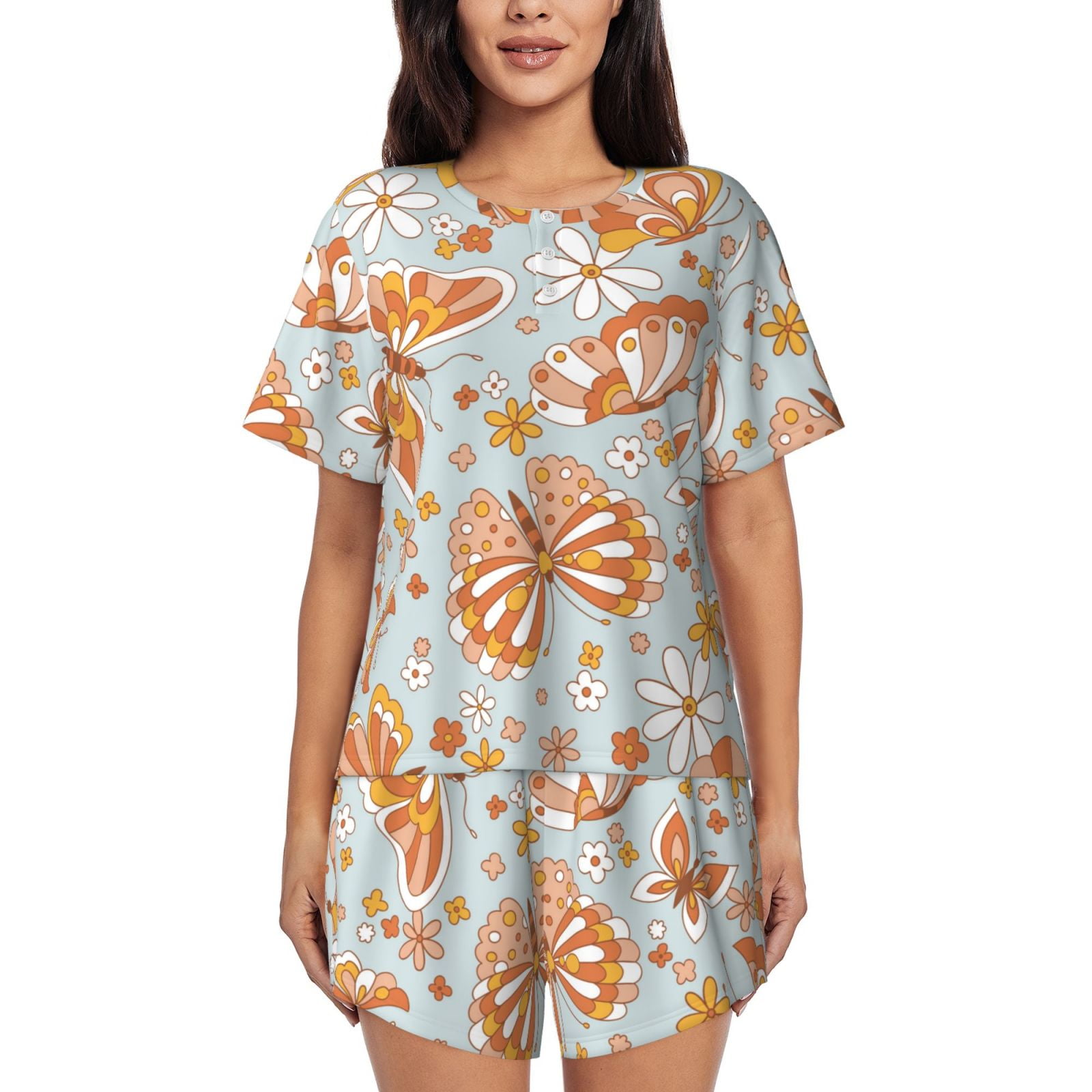 Hirioo Retro Floral Butterfly for Women's 2 Piece Short-Sleeved Pajama ...
