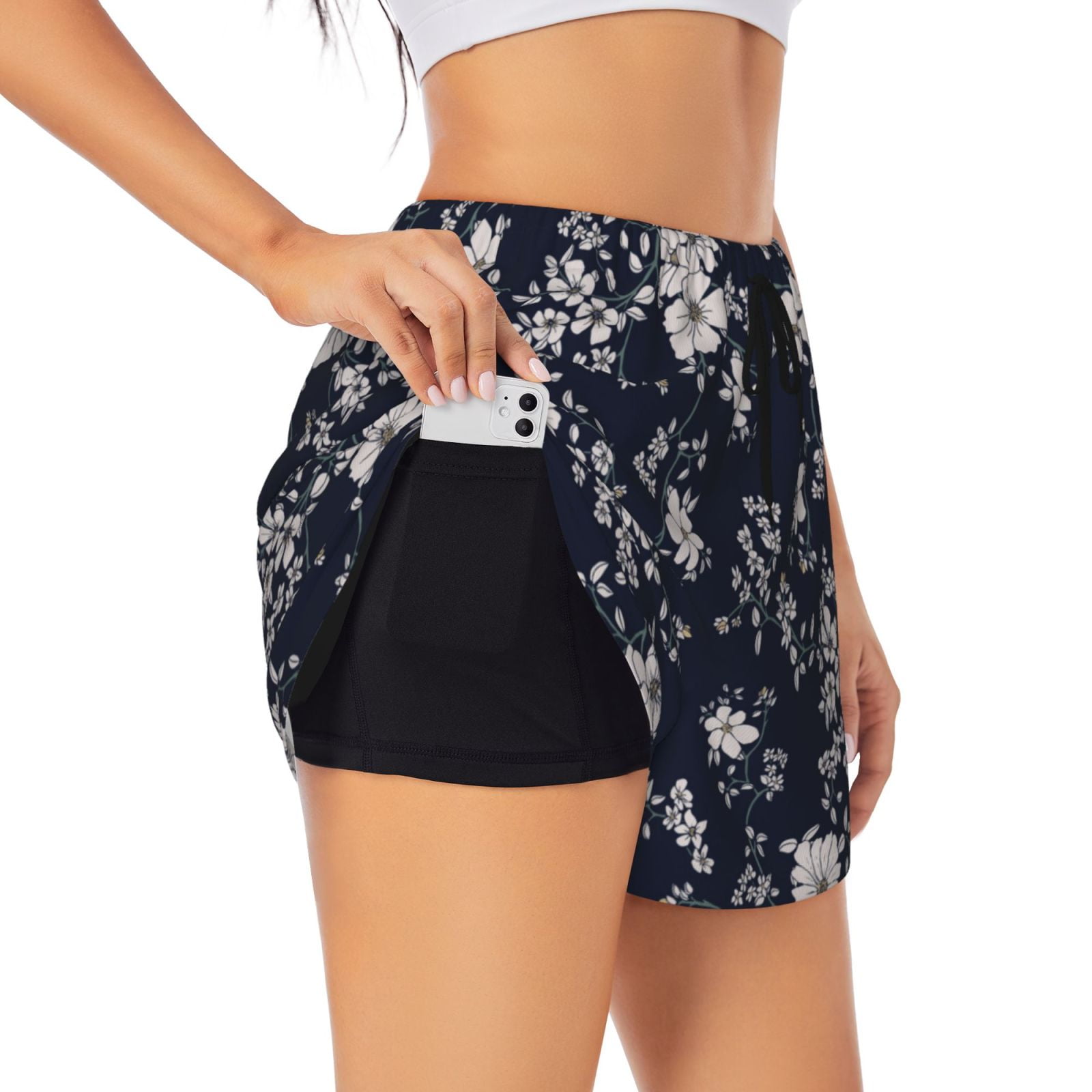 Hirioo Retro Flower for Women's Double Layer Athletic Shorts High ...